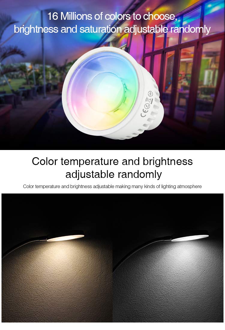 LGIDTECH FUT106 Miboxer 6W 2.4GHz WiFi Led Spotlight Bulb GU10 AC 100-240V RGB+CCT Color Changing,Temperature Adjustable,Memory Funtcion.Smartphone APP & Voice Control via Gateway hub(Excluded)