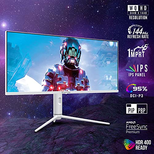 Sceptre IPS 34" White UltraWide Monitor 3440 x 1440p HDR400 1ms up to 144Hz 95% DCI-P3 PIP PBP DisplayPort HDMI USB-C Height Adjustable (E345B-QUN168W)
