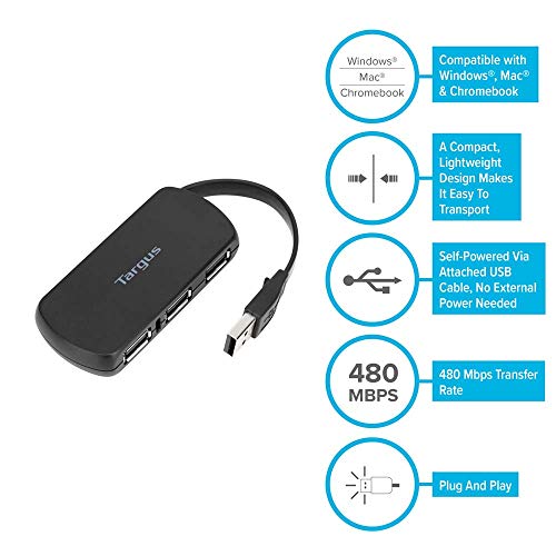 Targus 4-Port USB 2.0 Hub with Sleek and Travel Friendly, Black (ACH114US)