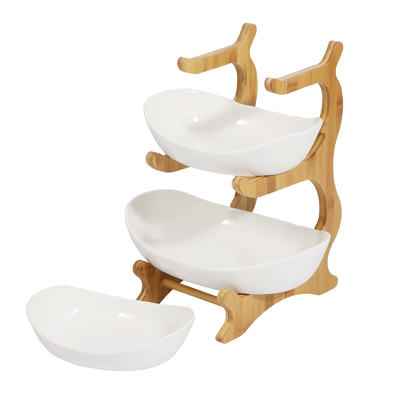 CNCEST 3 Layer Ceramic Fruit Plate Bamboo Wooden Frame Household Sushi Basket Bowl Holder Multi-Layer Tray Storage Rack Vegetables Stand Kitchen Organizer White