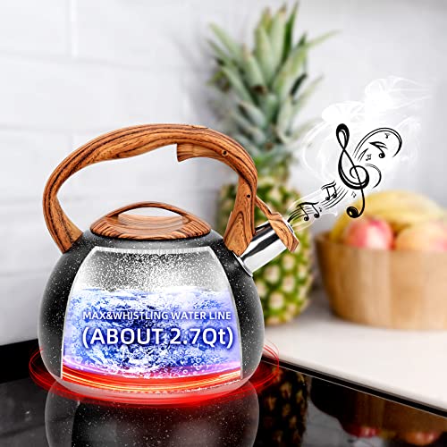 Foedo Tea Kettle, 2.7 Quart Whistling Tea Kettle Stovetop, Tea Pots for Stove Top Food Grade Stainless Steel with Wood Pattern Handle, Grey Teapot