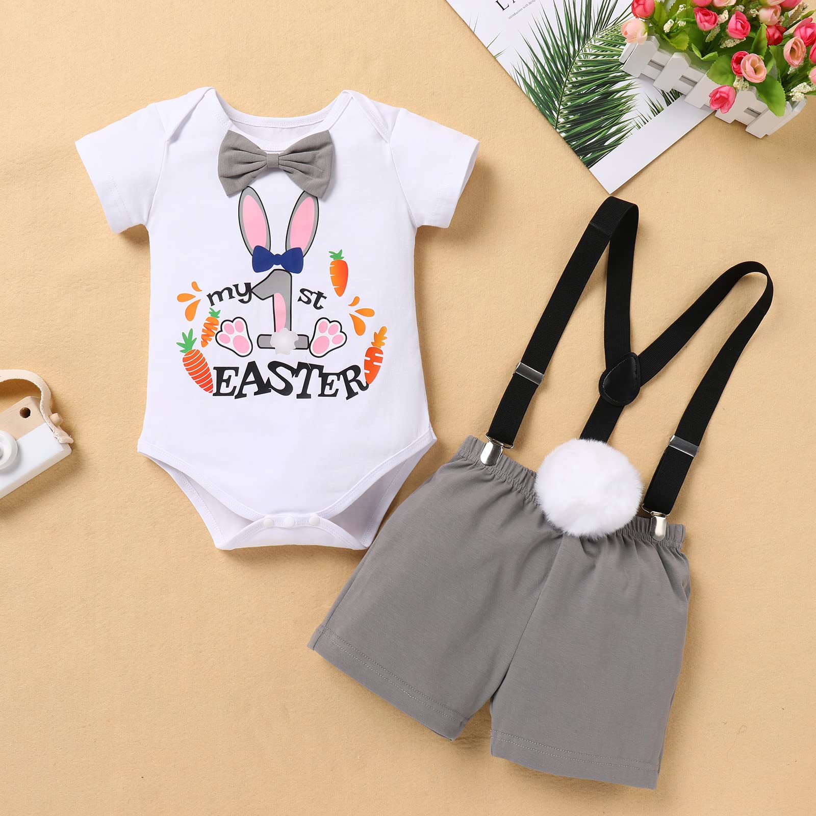 Easter Clothes for Boys, Easter Dressy, Easter Baby Clothes Easter for Toddlers Clothes Set Infant Bunny Romper Bodysuit Top Rabbit Pants Set with Suspenders Bunny - my 1st easter 9-12 Months
