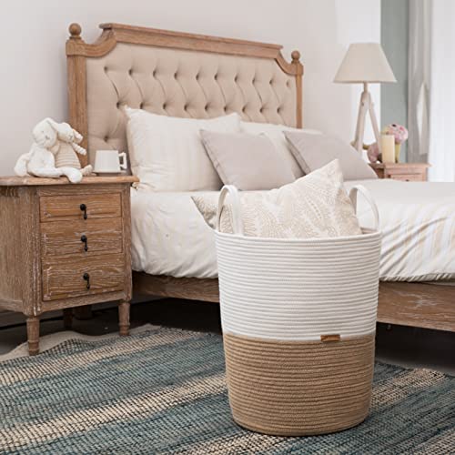 R RUNKA Extra Large Woven basket -16"x 20" Laundry Basket with Handle -Clothes Hamper, Laundry Hamper for Bedroom Living Room,Nursery Decor| Wicker Storage Basket - Off White & Jute