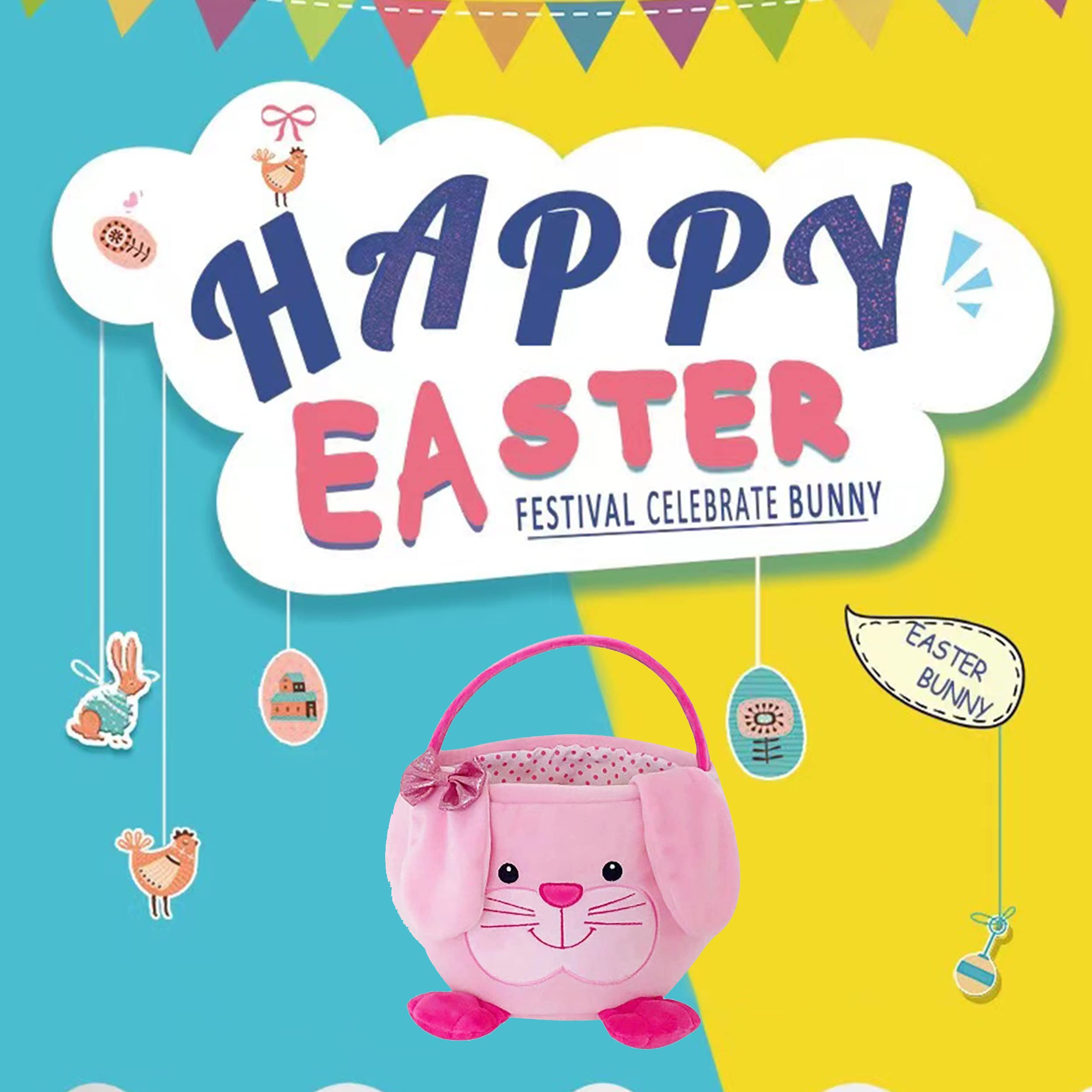 Easter Eggs Basket - 3D Cute Plush Empty Bucket with Foldable Ears - Perfect for Girls & Boys Easter Egg Hunts - Easter Baskets for Kids (Blue)