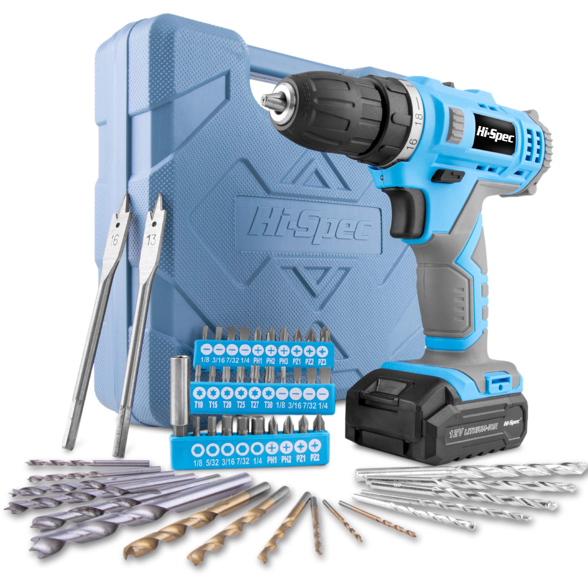 Hi-Spec 50pc 12V Cordless Drill Driver Set Electric Battery Powered - Portable Tool Box and Bit Set, Power Drill Cordless for DIY Projects, Home Repair, and Professional Use
