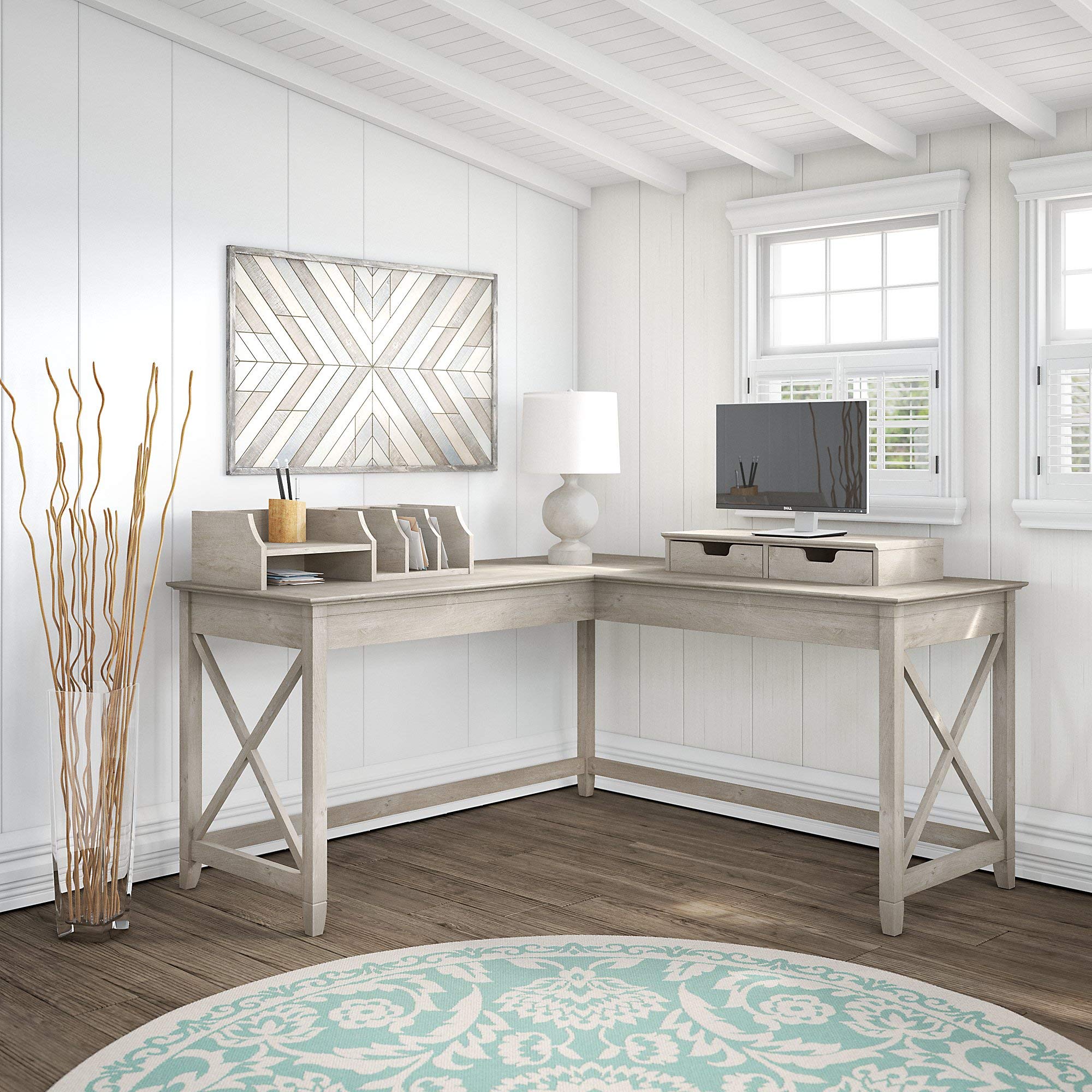 Bush Furniture Key West 60W L Shaped Desk with Desktop Organizers in Washed Gray