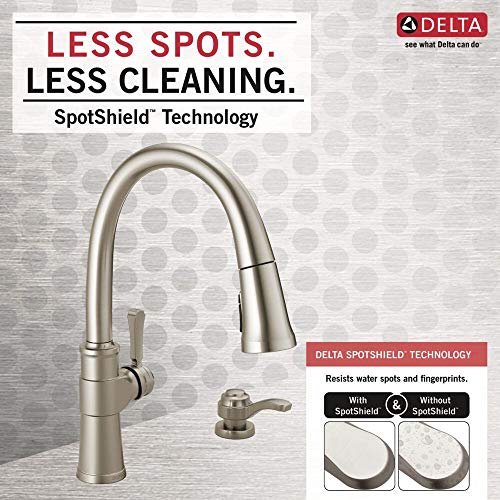 Delta Faucet Spargo Brushed Nickel Kitchen Faucet, Kitchen Faucets with Pull Down Sprayer, Kitchen Sink Faucet, Faucet for Kitchen Sink, Soap Dispenser, SpotShield Stainless 19964Z-SPSD-DST