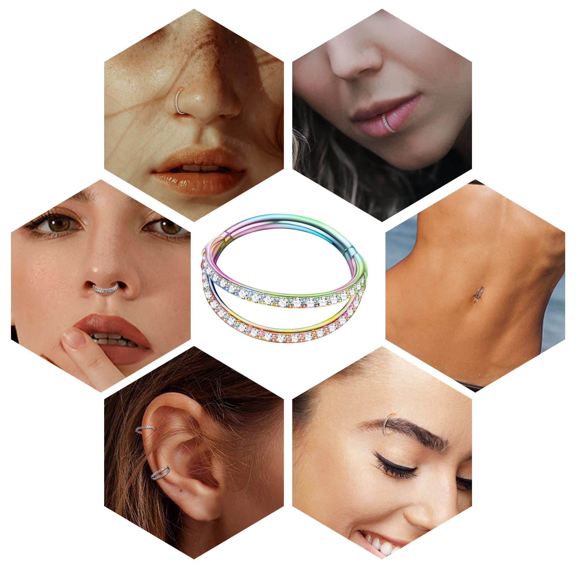 CASSIECA 16G 18G Titanium Nose Rings for Women Silver Gold Black Double Nose Hoop Piercing, Tragus Cartilage Conch CZ Septum Segment Clicker Hoops Nose Ring