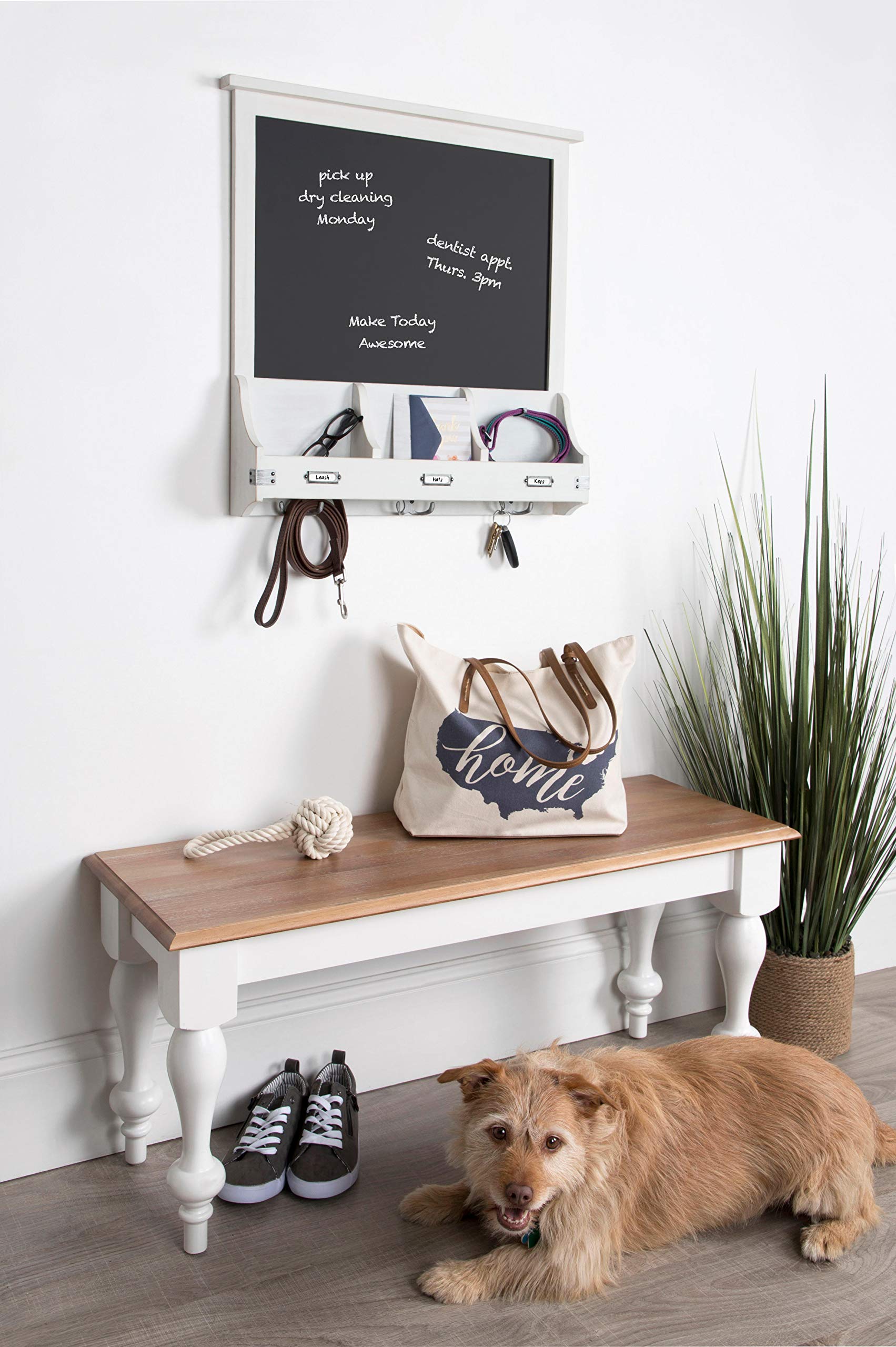 Kate and Laurel Stallard Decorative Rustic Wood Home Organizer with Chalkboard, Pockets, and Key Hooks, White