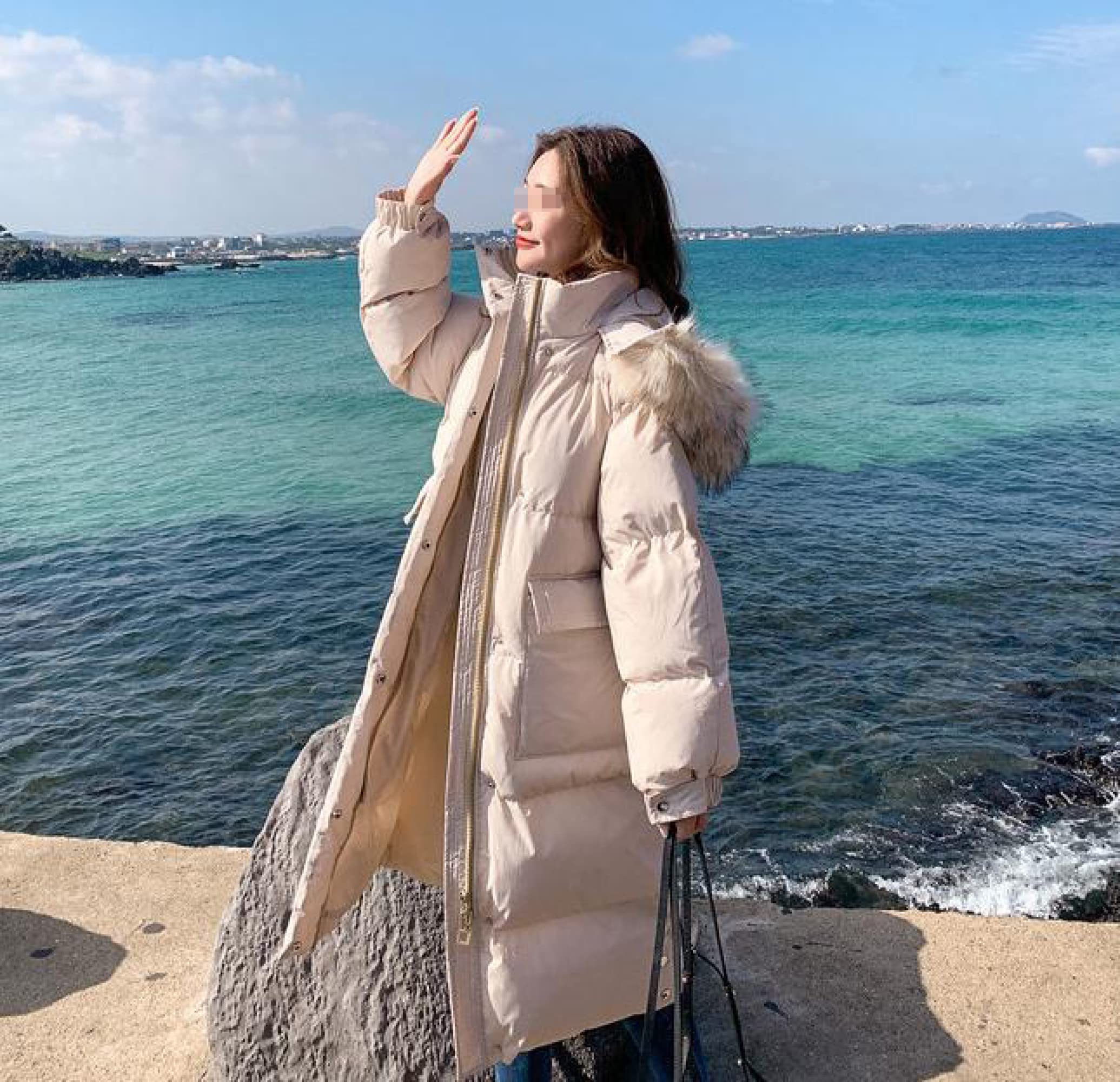 BLFYQB Winter Coat Female Loose Port Wind Long Section Thigh Thicken Nagymaros Collar Coat Tide Fit The Wrist Cuffs/Beige/L