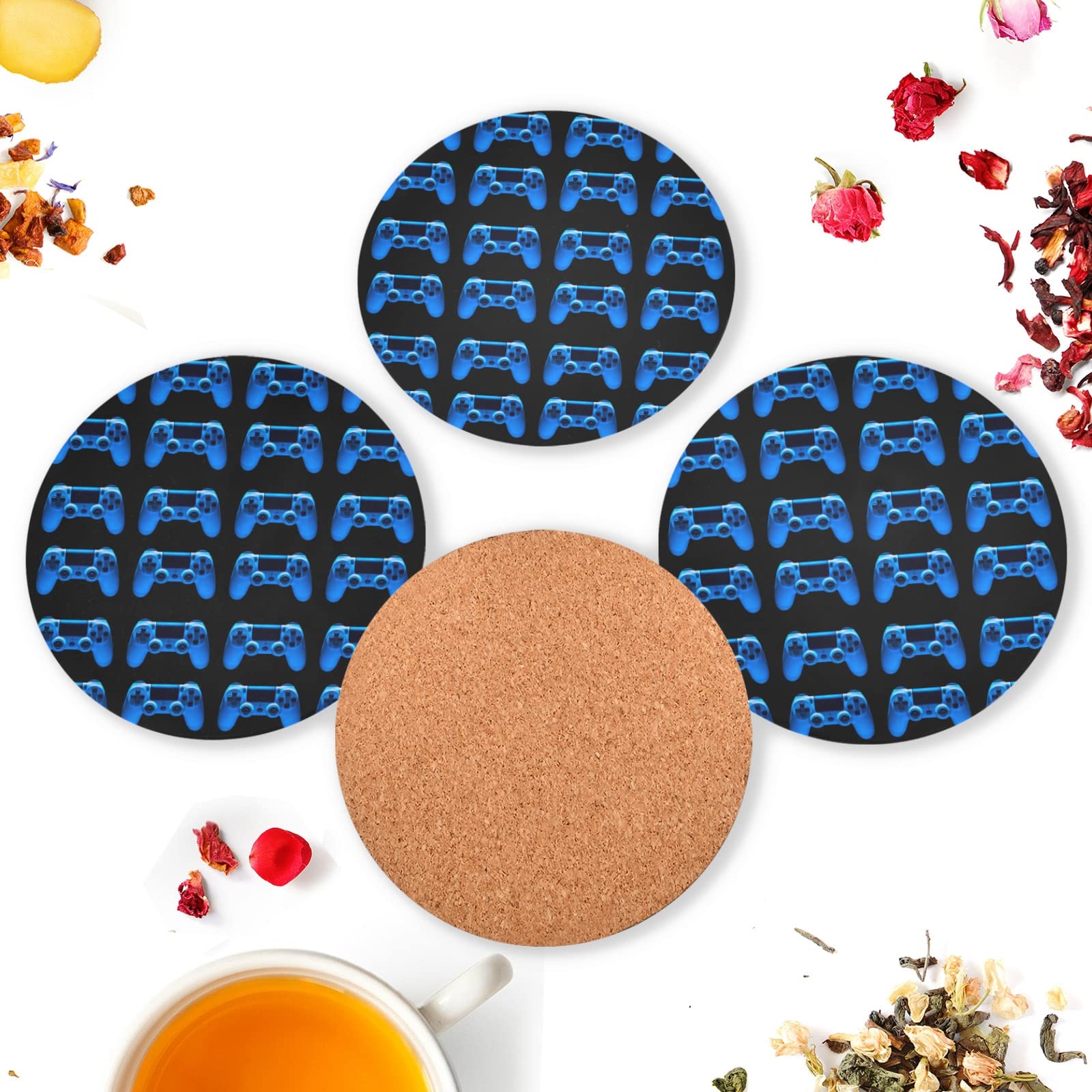 Video Game Joystick Gamepad in Blue Neon Lights Isolated on Black 4 Pcs Tea Wooden Round Coaster Set, Non-Slip Lightweight Wooden Coaster for Party Home Office Kitchen Bar Coffee Table