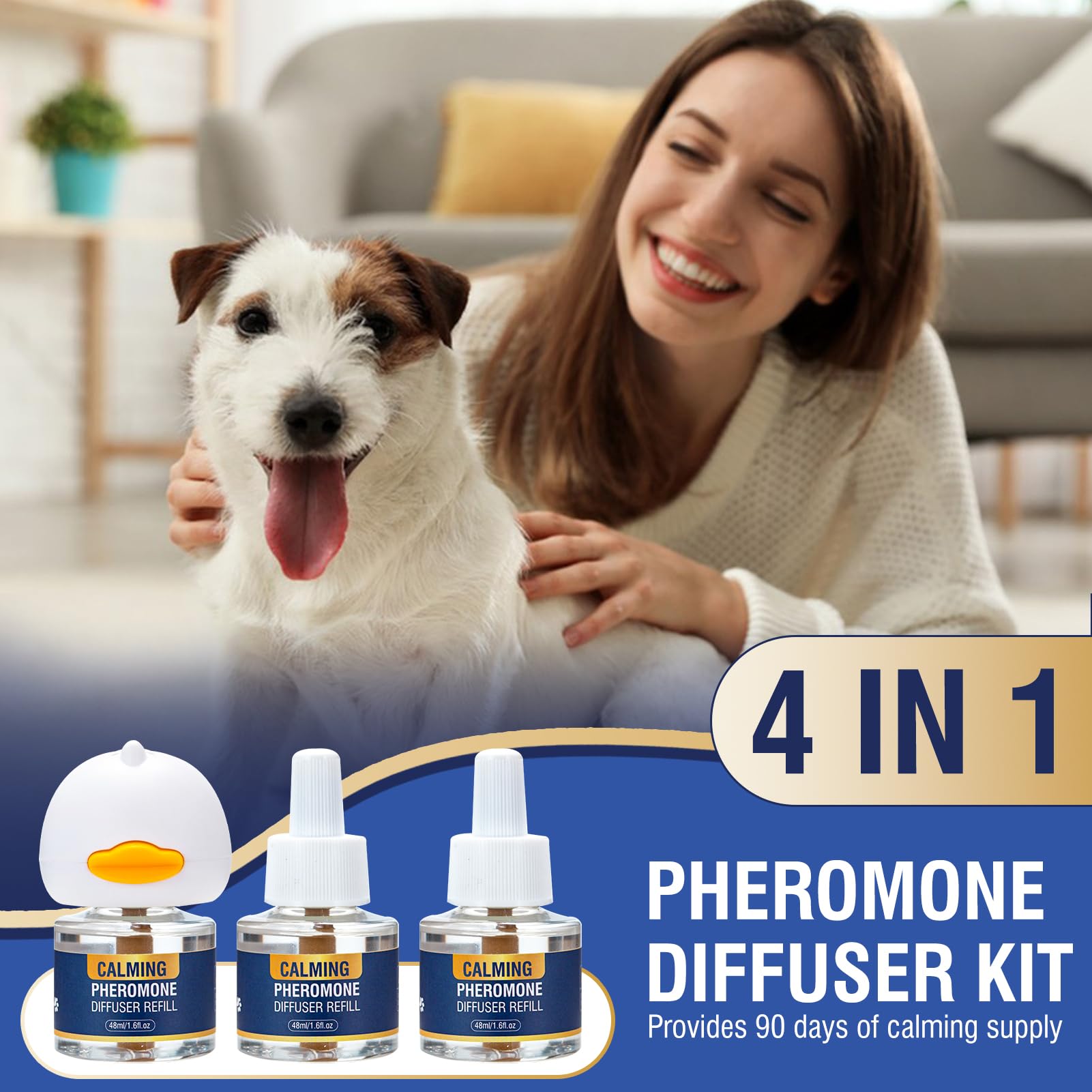 Dog Pheromone Calming Diffuser 4 In 1 Appeasing Pet Pheromones Diffuser to Calm Kit (Plug in+ 3 Pack 48ml Refill) for Anxiety Relief Reduce Barking Aggression Fighting Stress 90 Day Supply(Orange)