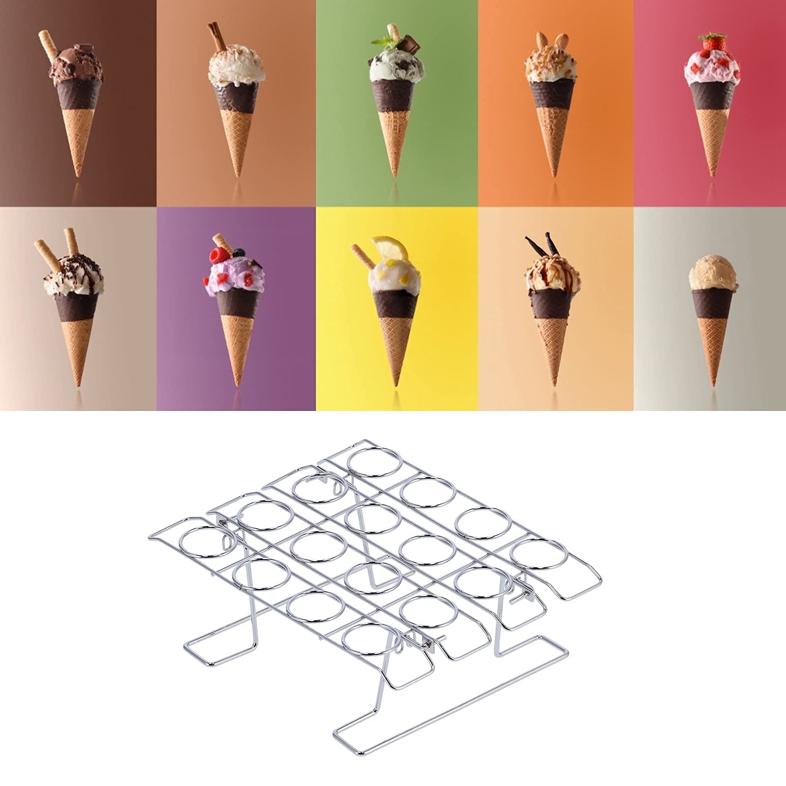 Cupcake Cone Baking Rack, Ice Cream Cone Baking Rack 16 Cavity Stainless Steel Ice Cream Cone Holder Stand Metal Waffle Cones Holder Foldable Cake Decorating Pastry Tray for Baking, Cooling, Display