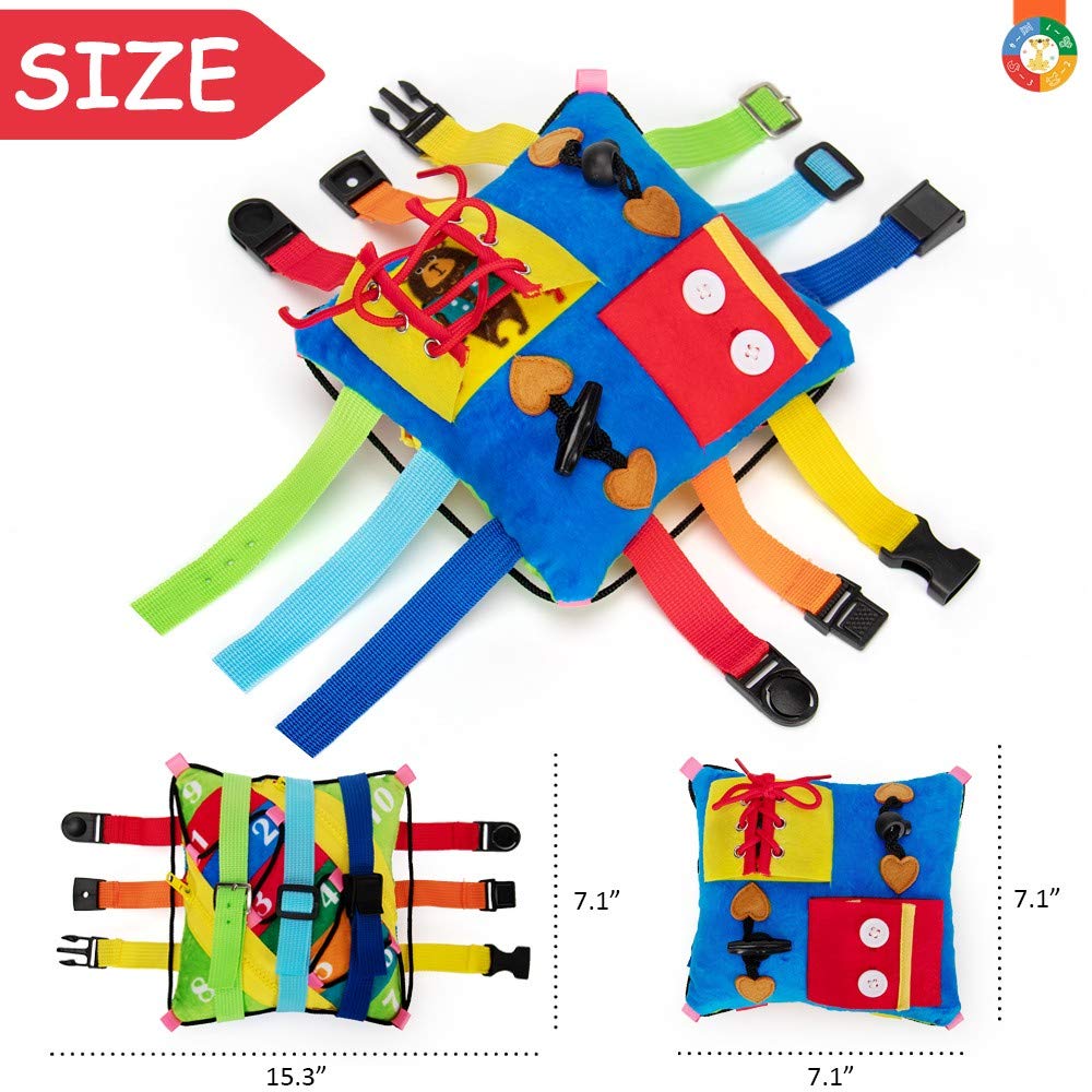teytoy Sensory Buckle Pillow for Toddler Children Learning Fine Motor Skill & Problem Solving Buckles Educational, Montessori Fidgets Travel Toy for Kids Plush Threading Counting Zipper-12 Basic Skill
