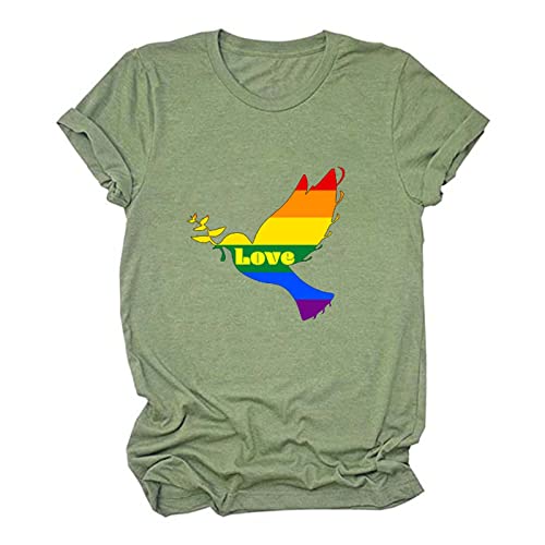 BYOIMUD Summer Short Sleeve Tops for Women Bird Rainbow Graphic Kindness T-Shirt Pullover Casual Crew Neck Shirts