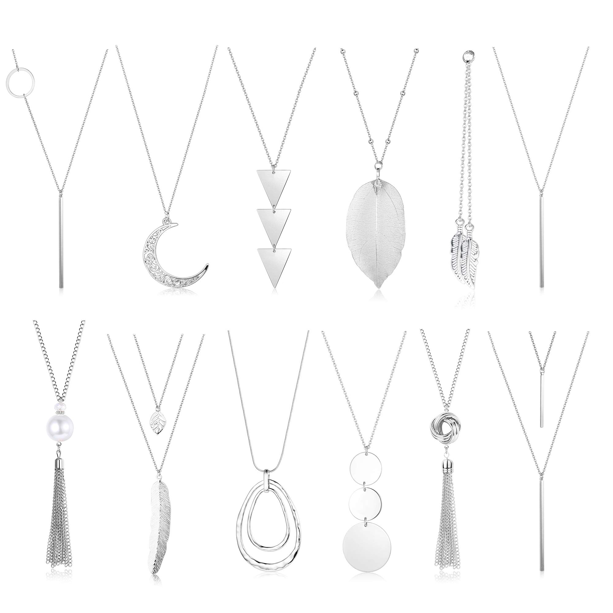 Besteel 12PCS Long Statement Pendant Necklace Set Simple Bar Leaf Circle Costume Tassel Layer Y Strands Boho Necklaces for Women