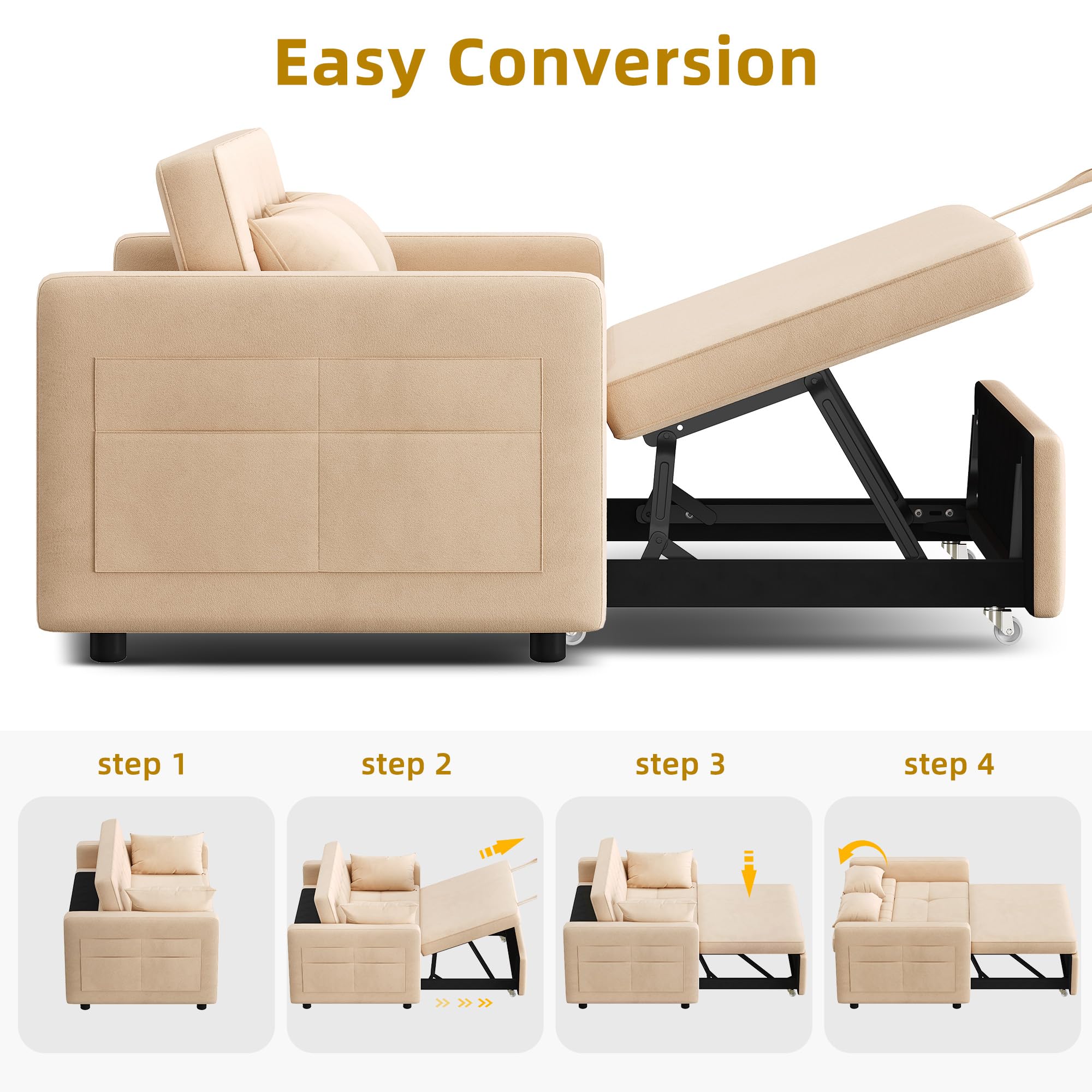 DWVO 55" Convertible Sofa Bed, 3-in-1 Sleeper Sofa with Pull-Out Bed, Velvet Futon Couch with Adjustable Backrest and Side Pocket, Modern Loveseat for Living Room Apartment, Black