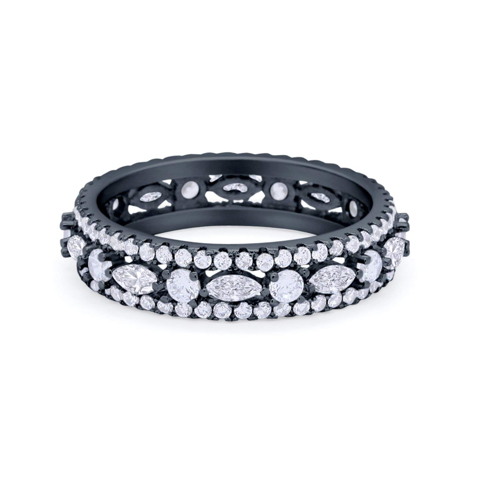 Blue Apple Co. 6mm Art Deco Full Eternity Band Marquise Round Black Tone, Simulated Cubic Zirconia 925 Sterling Silver Size-8