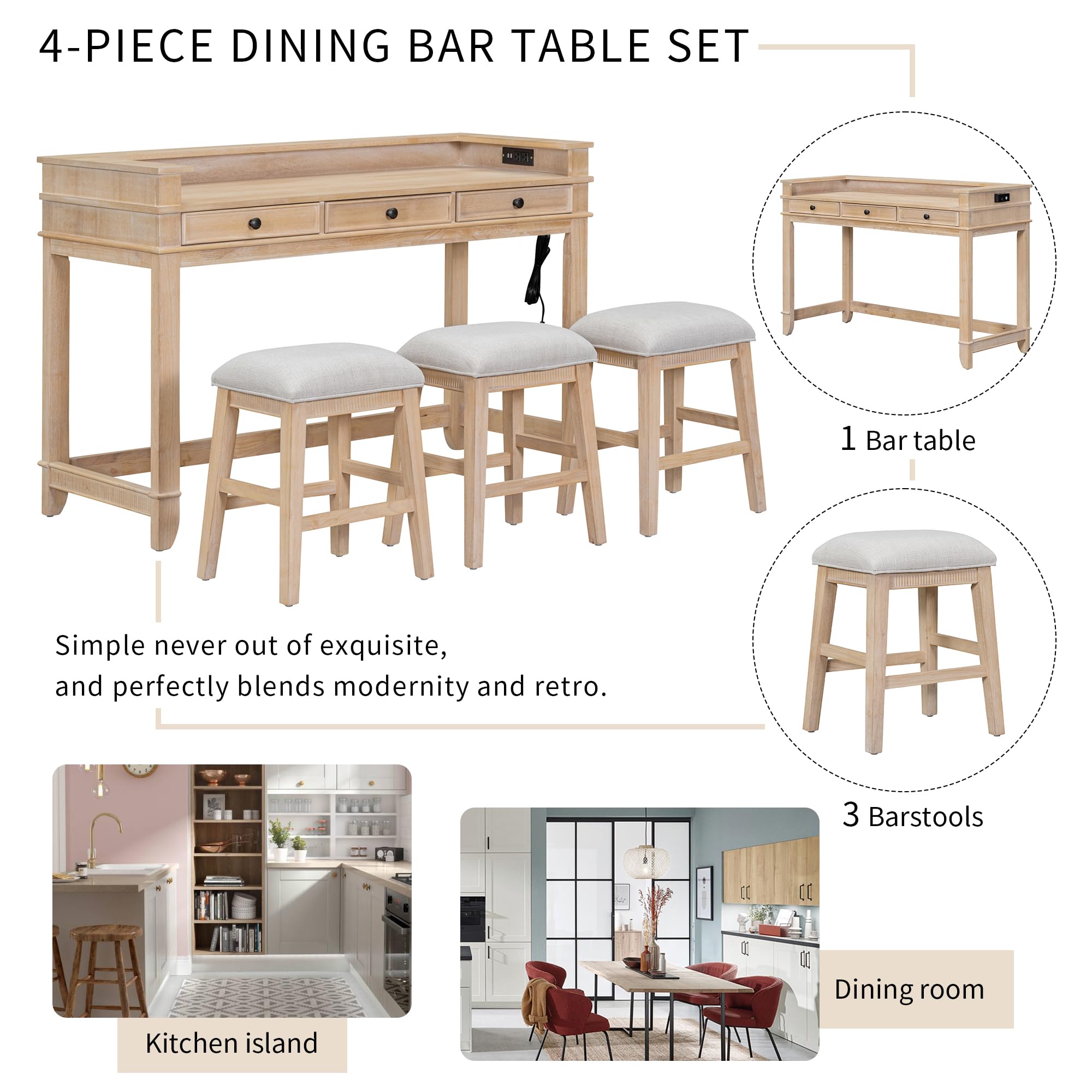 Biofocus 4-Piece Dining Bar Table Set with 3 Upholstered Stools, Multifunctional Dining Table with 3 Drawers for Kitchen Living Room Bedroom (Natural Wood Wash)