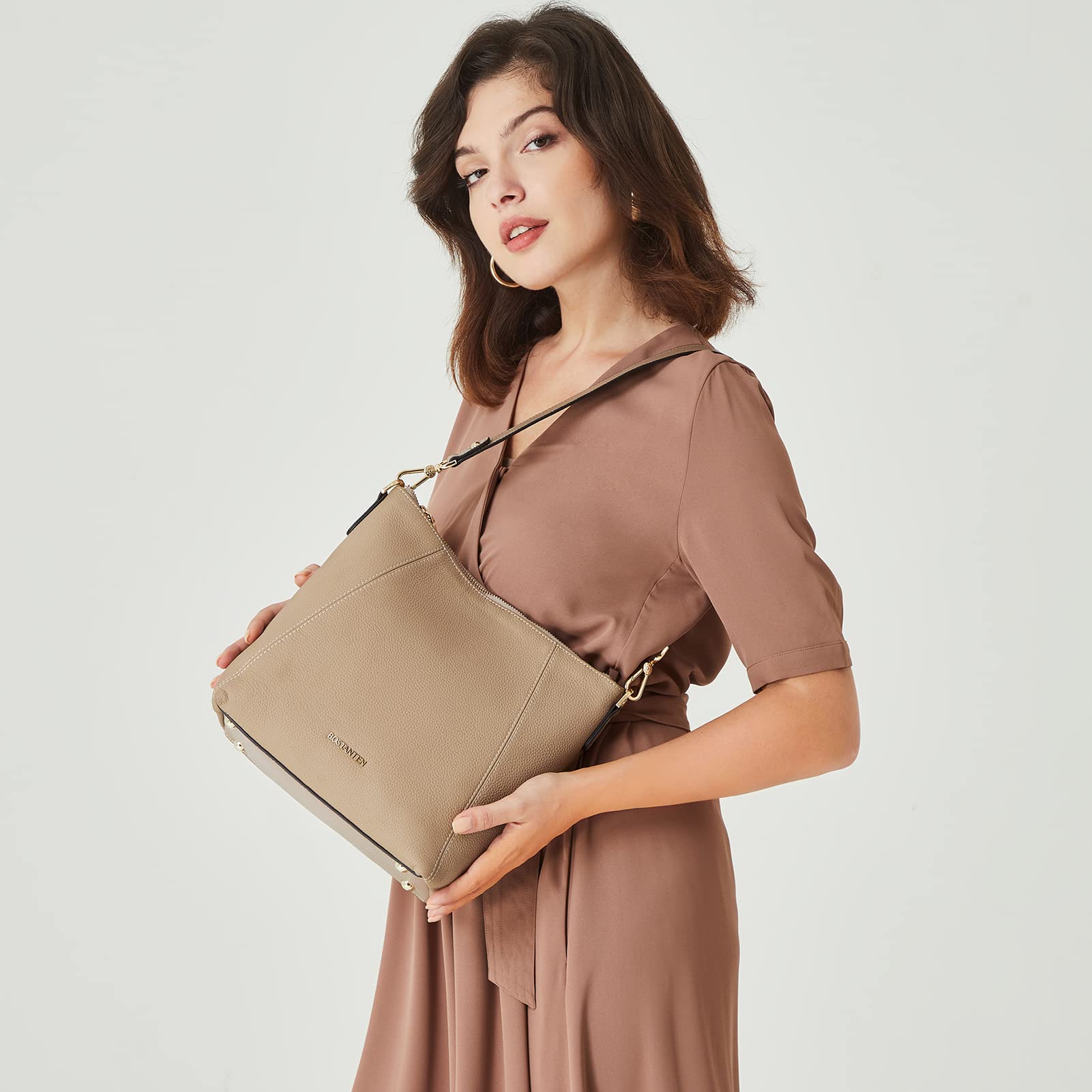 BOSTANTEN Leather Hobo Handbags Designer Purses for Women Shoulder Crossbody Bags Beige