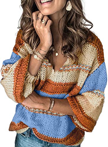 EVALESS Womens Long Sleeve V Neck Knit Striped Fall Winter Sweaters Pullover 2023 Oversized Chunky Color Block Casual Loose Cropped Tops,Orange M