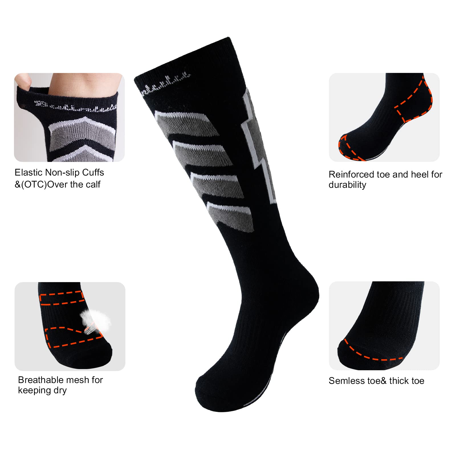 Bulinlulu Merino Wool Ski Socks 2 Pairs Pack for Skiing, Snowboarding, Hunting Hiking Cold Weather, Winter Performance Sport Socks(Black,Medium)