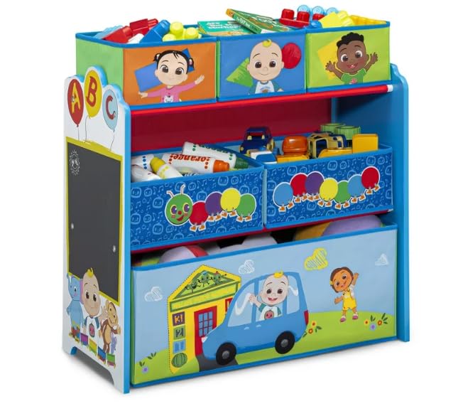 PZCXBFH CoComelon 4-Piece Toddler Playroom Set by – Includes Play Table with Dry Erase Tabletop and 6 Bin Toy Organizer with Reusable Vinyl Cling Stickers, Blue/Multi