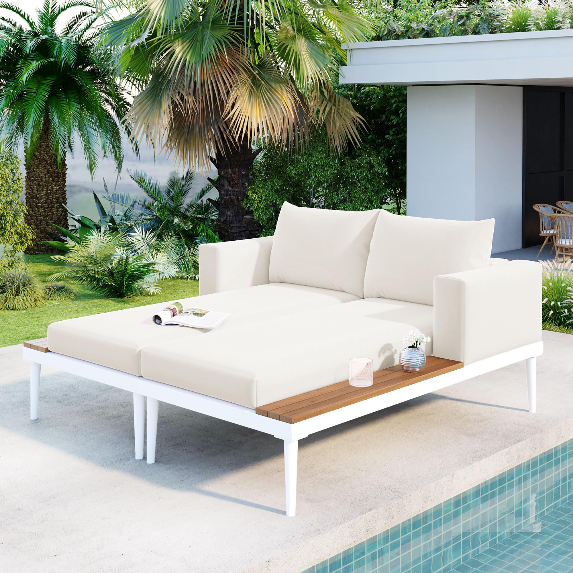 VilroCaz Modern Outdoor Patio Daybed with Wood Topped Side Spaces for Drinks, All Weather Chaise Lounges Reclining Chairs with Fixable Cushion for Garden Balcony Poolside Deck (Beige-T)