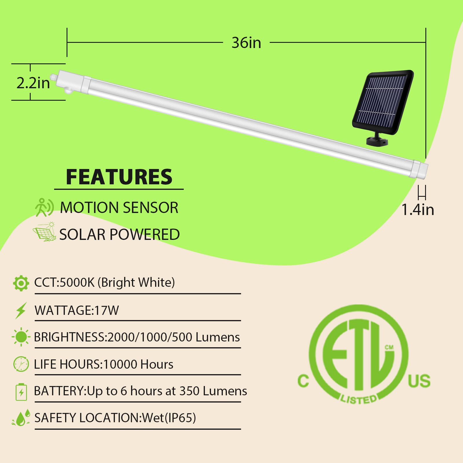 hykolity Solar Powered Shop Light with Motion Sensor, 3FT 17W (100-Watt Equivalent),Integrated LED IP65 Waterproof Outdoor Motion Sensor Shop Light for Garage, Barn, House - 2 Pack