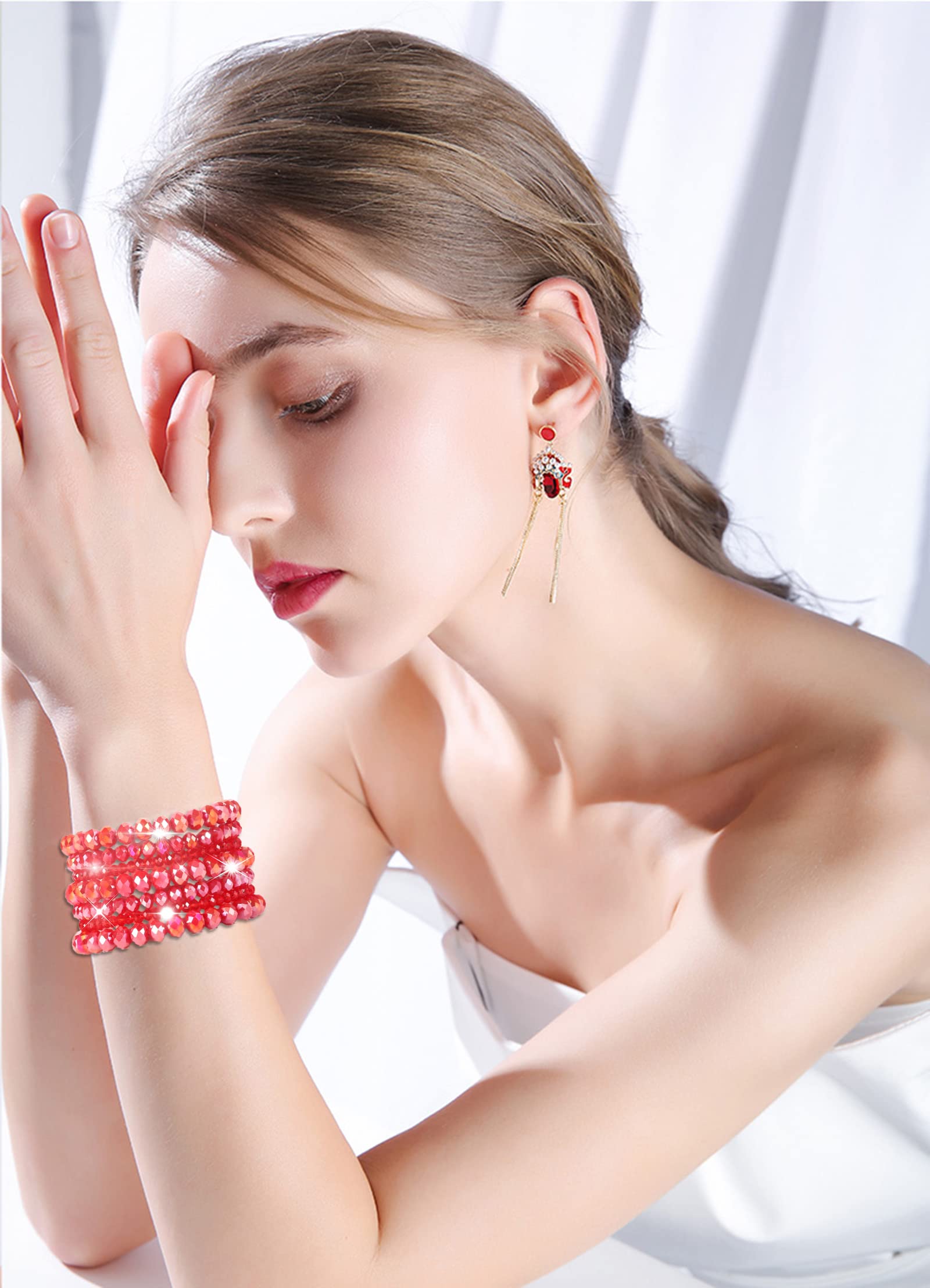 CASDAN 28 Pcs Crystal Beaded Bracelets for Women Bohemian Stackable Stretch Bracelets Crystal Beads Bracelets Jewelry Set 4-8 MM