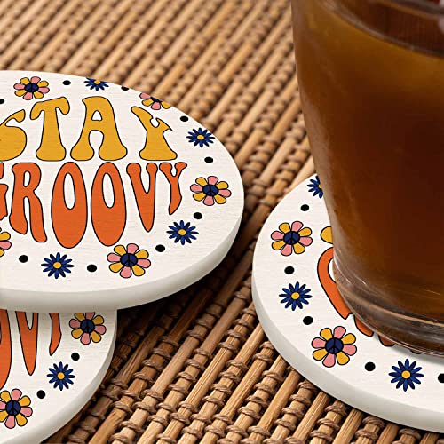 Pznen Stay Groovy Coasters for Drinks Office Coffee Table Seventies Retro Hippie Flowers Wreath in Circle Daisies Floral Living Room Decor Set of 2 for Cold Drinks Wine Mugs and Cups 4 Inch