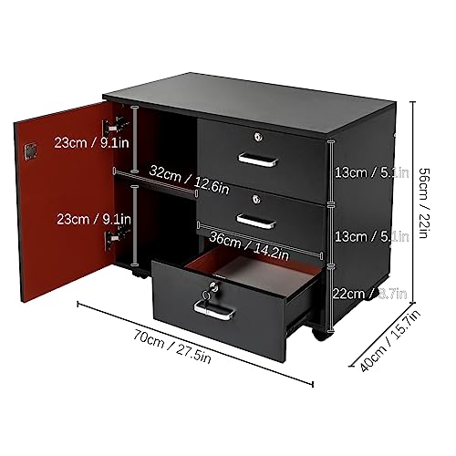 BANLICALI File Cabinet, Modern 3 Drawer Mobile File Cabinet with 2 Shelves and Wheel, Rectangular Under Desk File Cabinet for Home, Office, School Black Load 55.12lbs