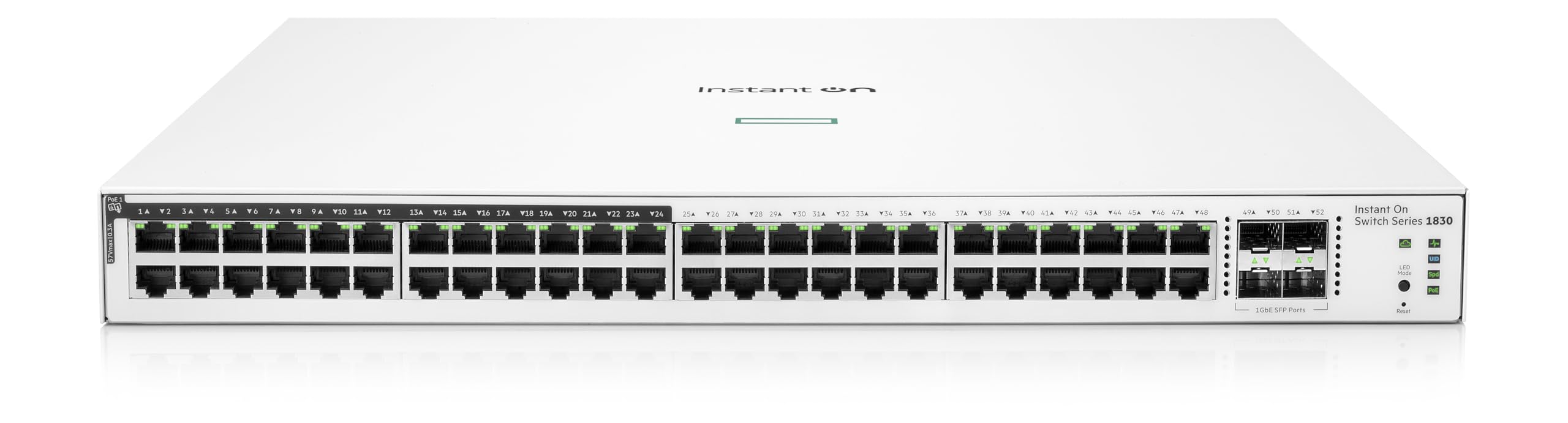 HPE Networking Instant On Switch Series 1830 48-Port Gb Smart-Managed Layer 2 Ethernet Switch with PoE | 48x 1G | 4X SFP | 24x CL4 PoE (370W) | Fan-Less | US Cord (JL815A#ABA)