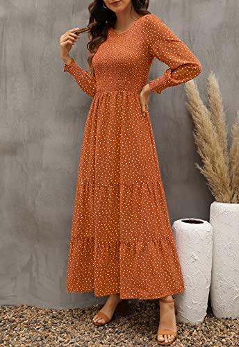 Kranda Fall Dresses for Women 2023 Round Neck Puff Long Sleeve Dress Smocked Ruffle Tiered Floral Maxi Dress Camel S
