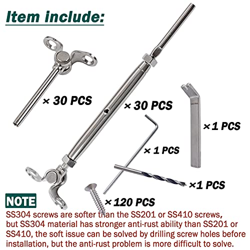 Deck Man T316-Stainless Steel Adjustable Angle 1/8" Cable Railing Kit/Hardware for Wood Post,Marine Grade (30 Pack)