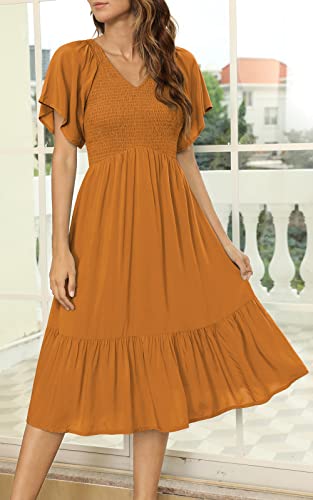 Kranda Women Short Flutter Sleeve V Neck Smocked Solid Pleat Midi Dress Pumkin Spice M