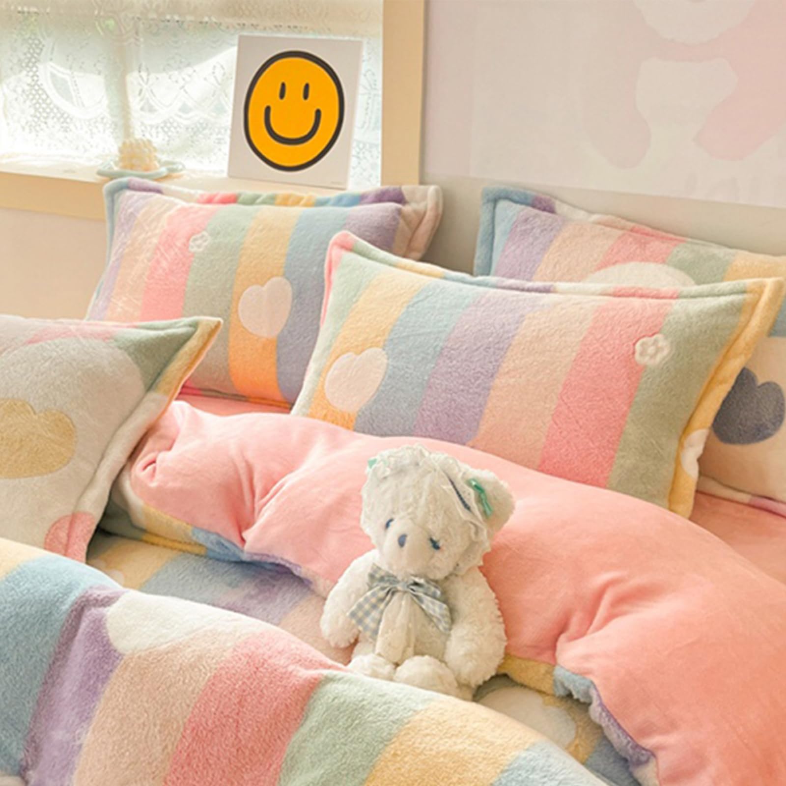 MorroMorn Decorative Pillows Covers Pink Kawaii, 2 Packs Plush Pillow Cases Standard Size, Soft Furry Throw Pillowcase Cushion Shams with Zipper Closure Girls Room Decor (Rainbow Love, Standard)