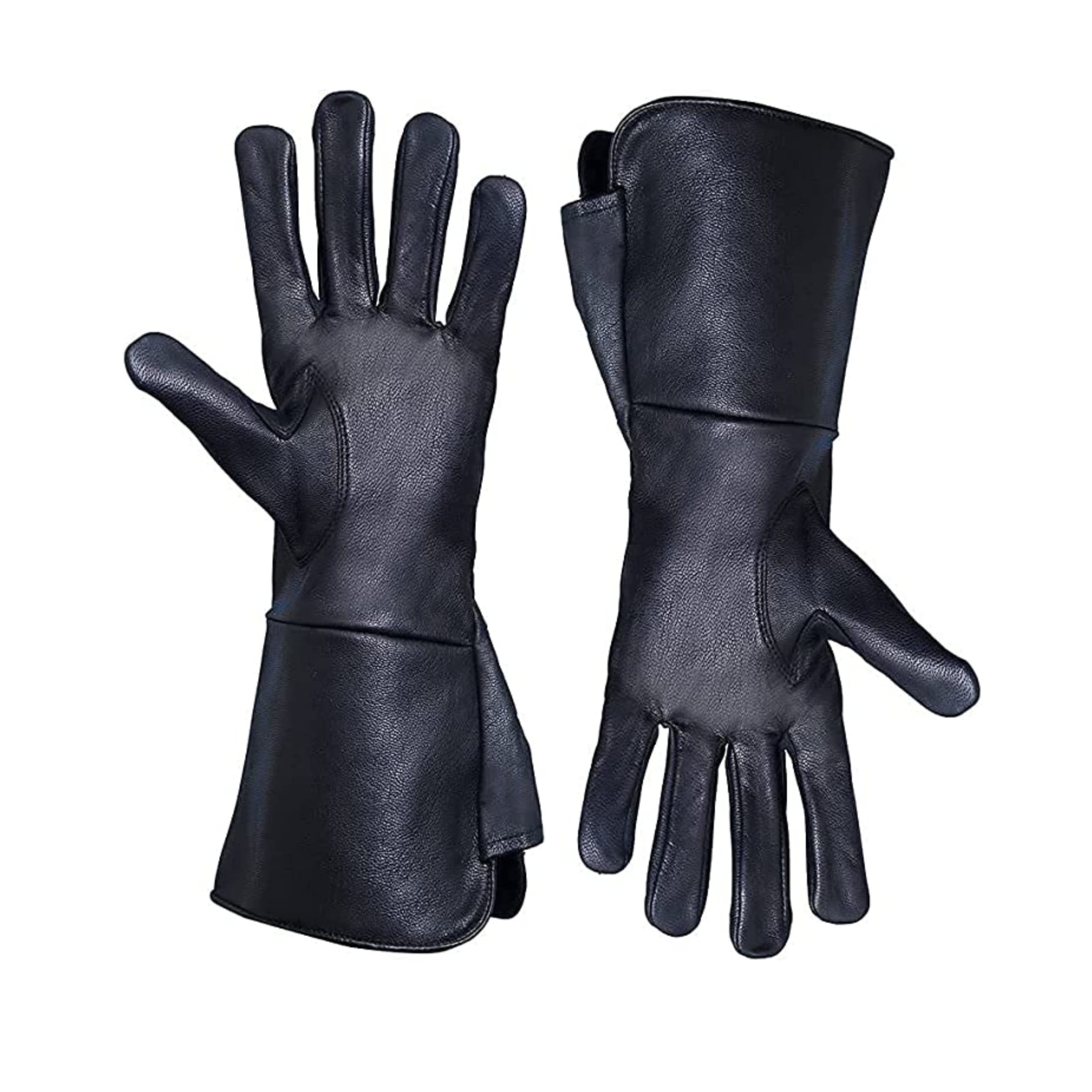 BlingSun Men’s Medieval Renaissance Gloves Pure Black Lambskin Unlined Leather Cosplay Gauntlet Gloves Long Arm Cuff (Medium)