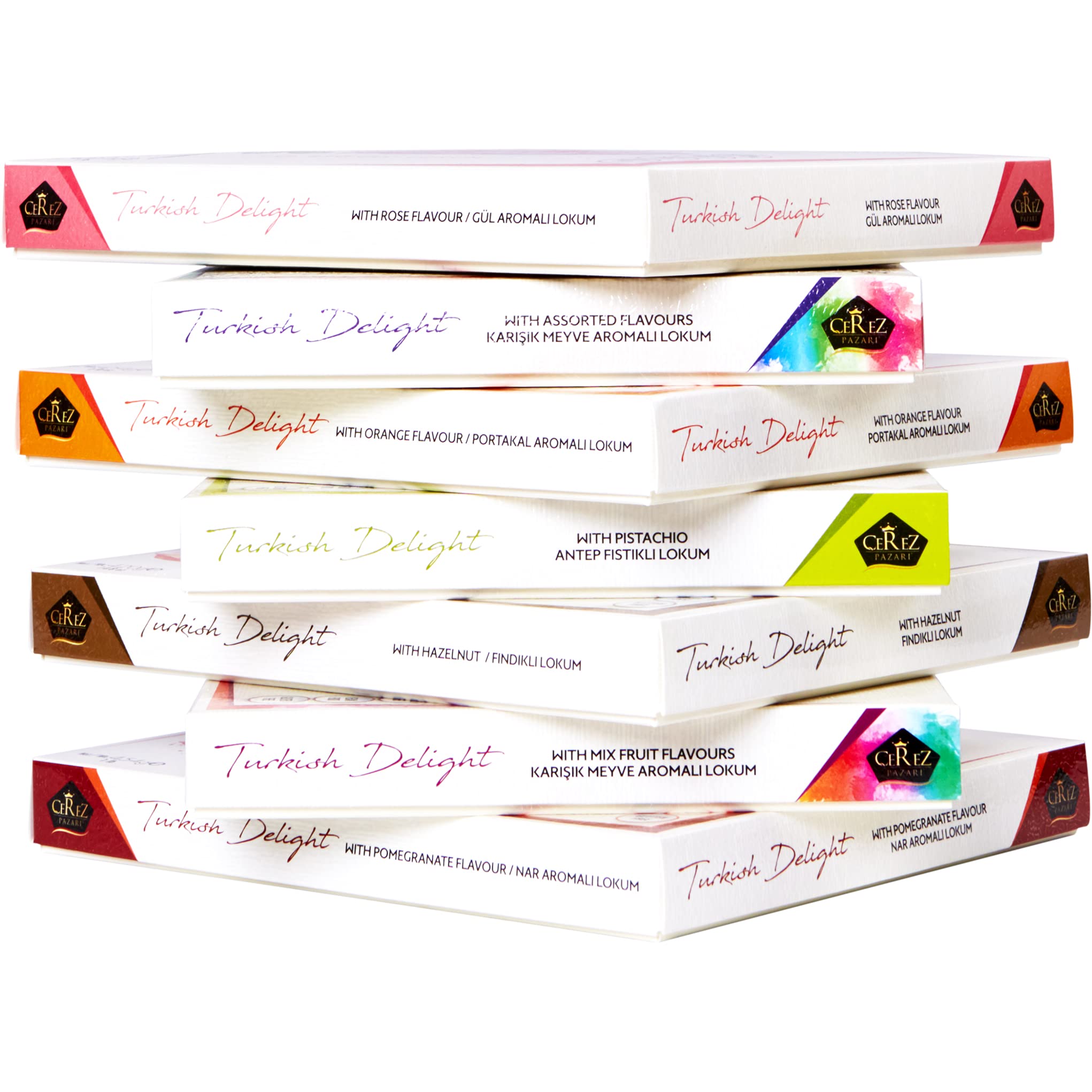 Cerez Pazari Turkish Delight with Rose, Orange and Lemon Mix Flavours 8.1 Oz Gourmet Small Size Snacks Gift Box, No Nuts Sweet Traditional Confectionery Vegan Candy Dessert Lokum Loukoumi Approx.32Pcs