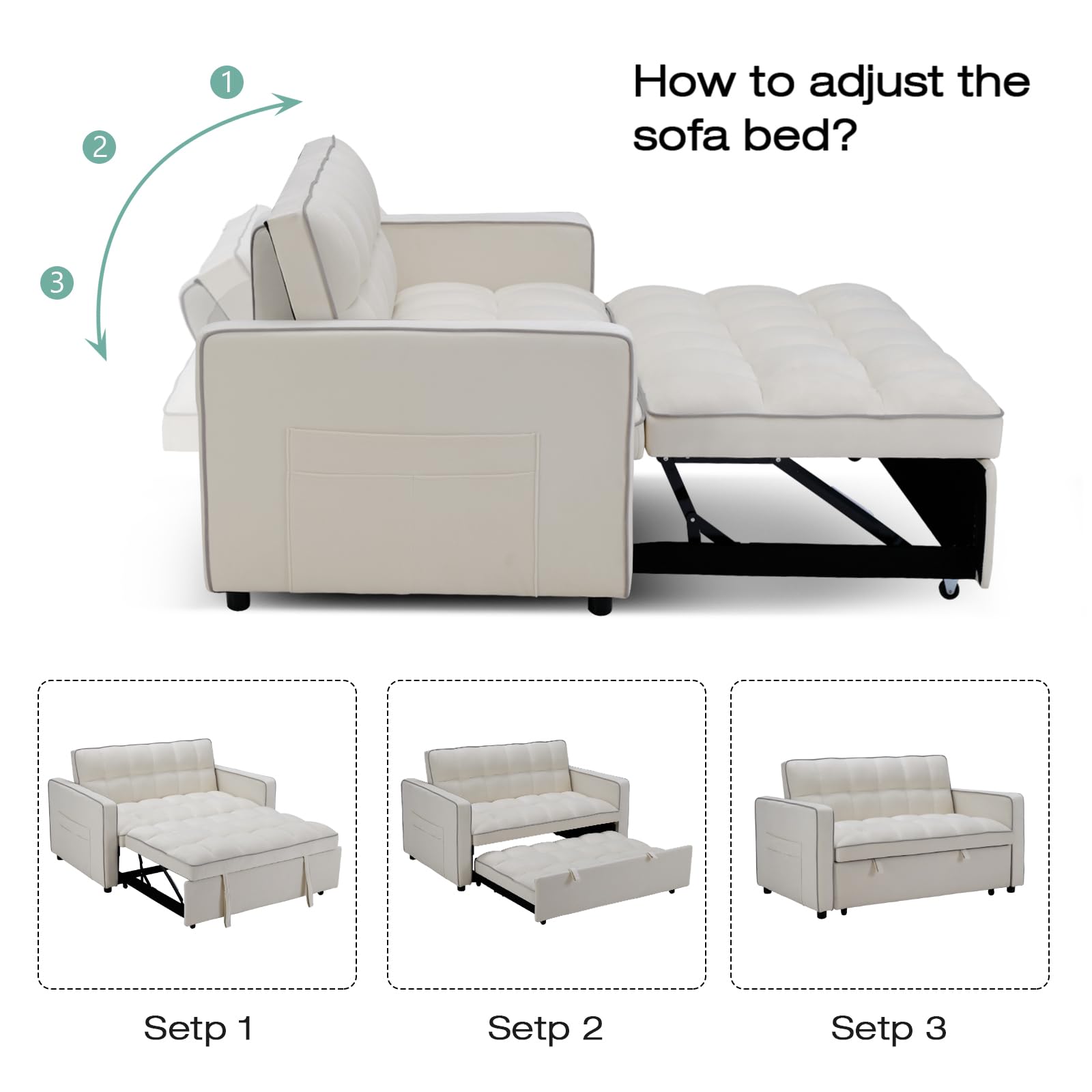 EBELLO 3 in 1 Convertible Sleeper Sofa Bed, Modern Velvet Loveseat Futon Couch Pullout Bed with Side Storage Pockets, Small Love Seat Lounge Sofa Futon for Small Space, Living Room, Beige