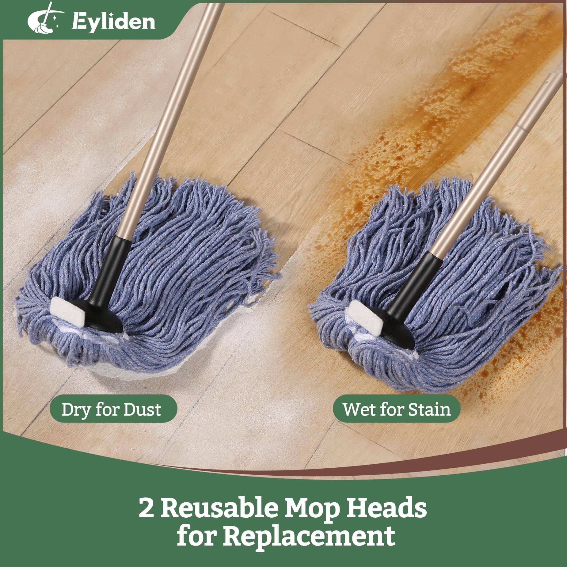 Eyliden String Mop with 2 Reusable Heads, Non-Touch Replacement Mops for Floor Cleaning, 4 Scouring Pads Adjustable Handle Floor Mop, Wet and Dry Cotton Mop for Any Surfaces, Commercial Home, Blue
