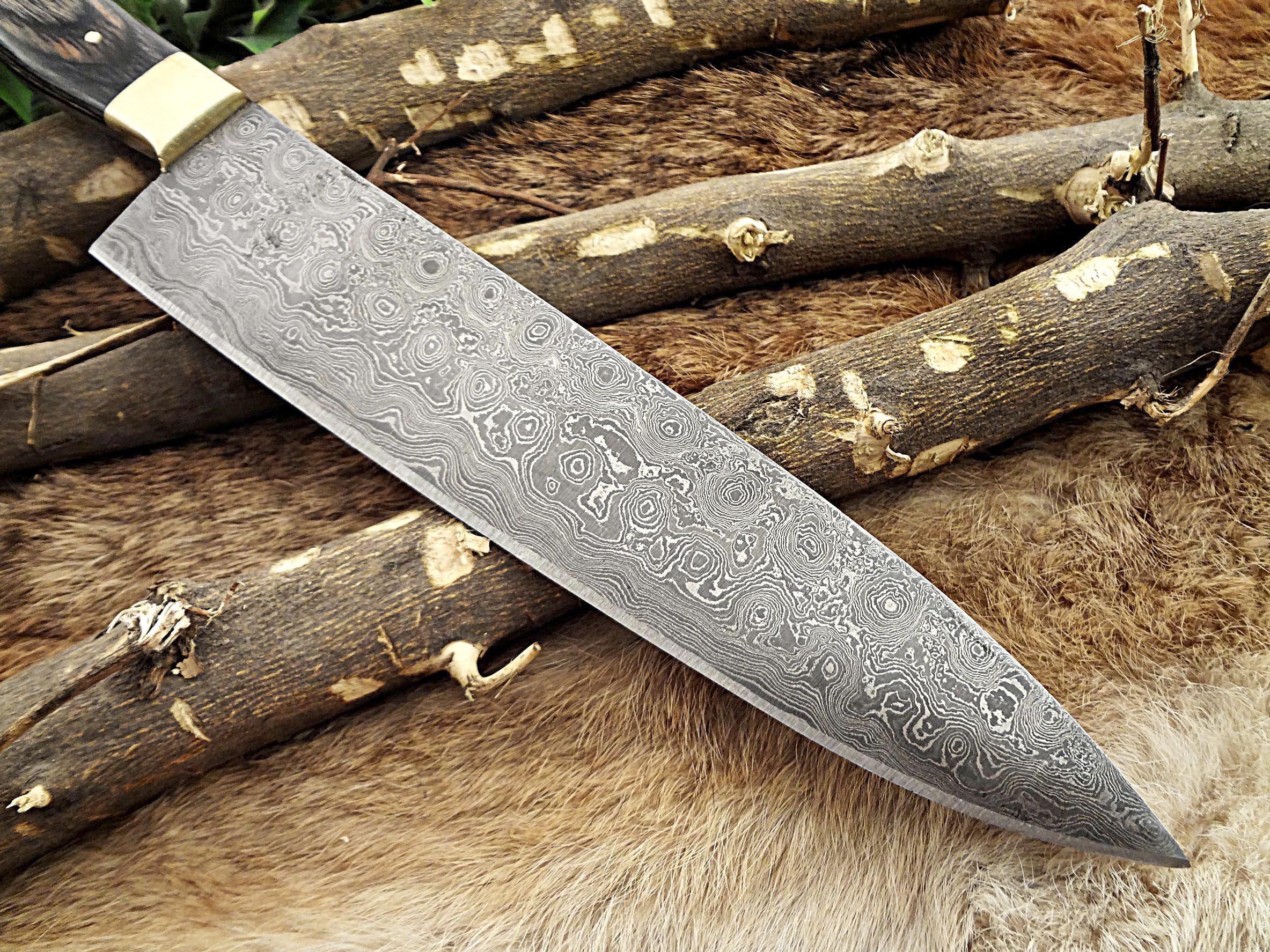 Damascus Steel Kitchen Knife, 14 Inches Long with 9" Long Hand Forged Blade, 2 Tone Dollar Wood Scale with Brass Bolster