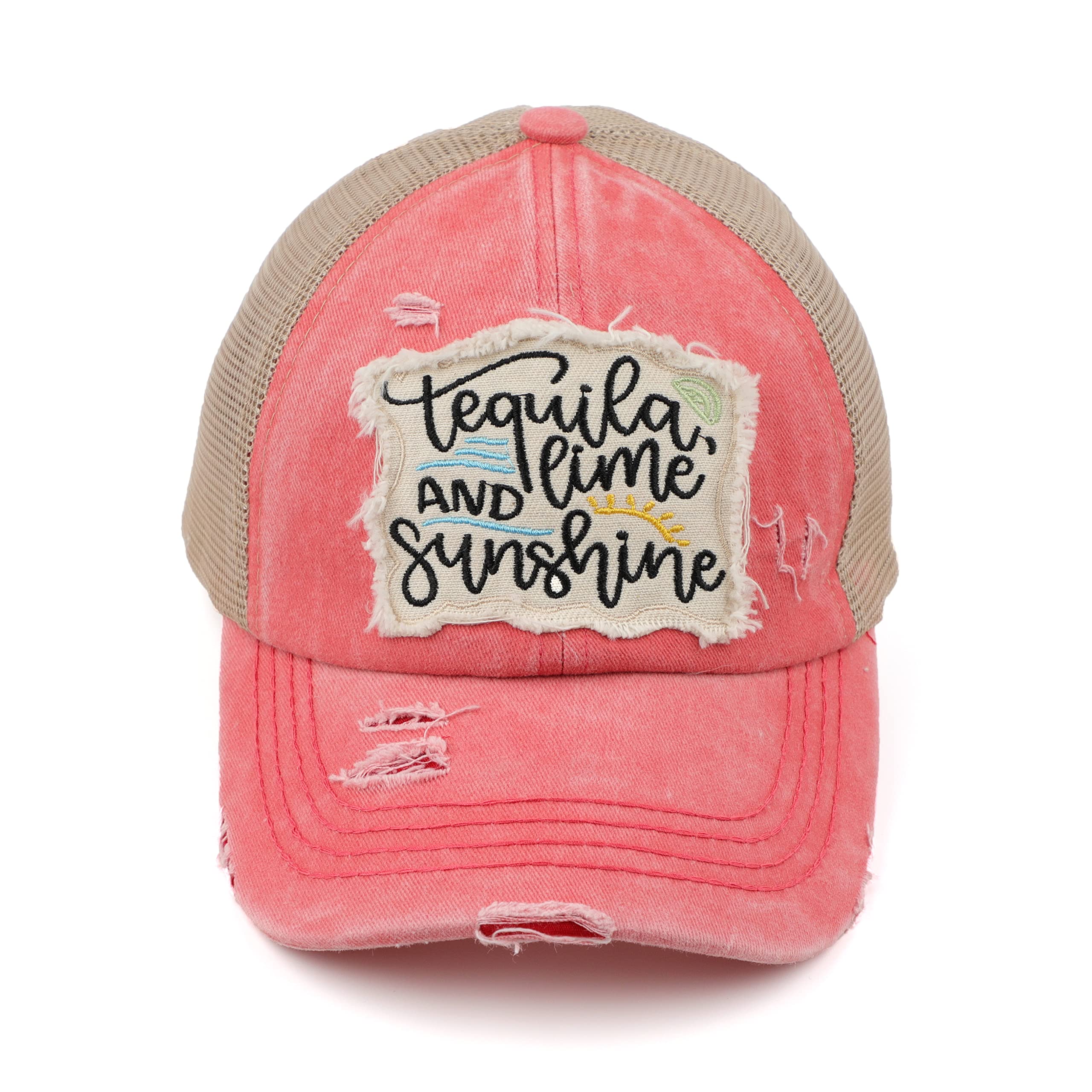 C.C Exclusives Washed Distressed Embroidered Patch Cotton Denim Criss-Cross Ponytail Hat Adjustable Baseball Cap (BT-1003) (A Elastic Band-Tequila Coral)