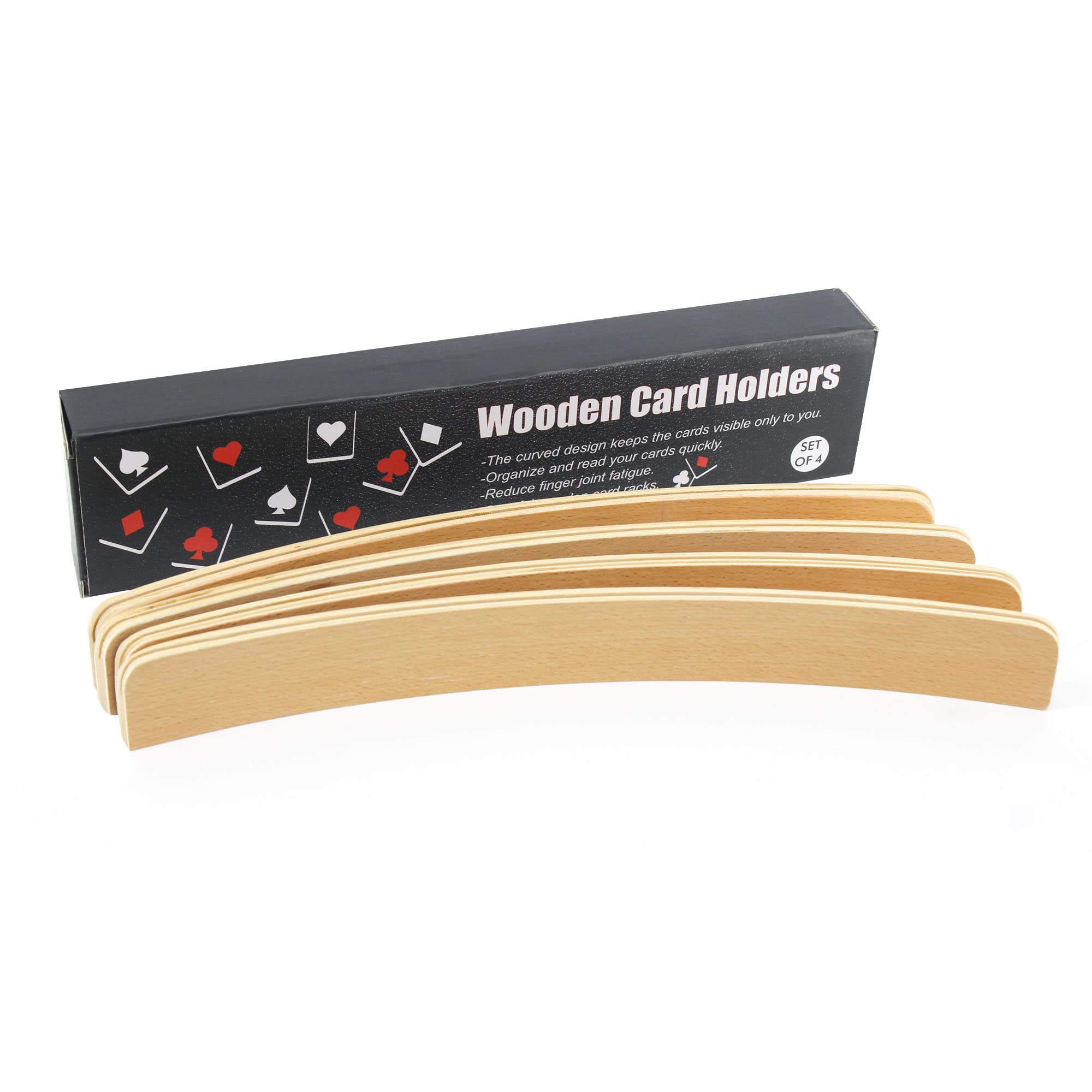 VINJOE Panorama Natural Wooden Curved Playing Card Holders Organizer Tray-Premium Solid Beechwood Playing Card Holders-Card Holder for Kids and Elder-Set of 4