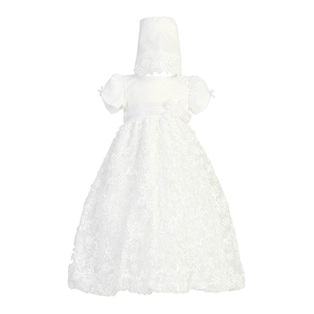 Long White Embroidered Satin Ribbon Tulle Baby Girl Christening Baptism Special Occasion Newborn Dress Gown with Matching Hat - XS (0-3 Month, 0-8 lbs)