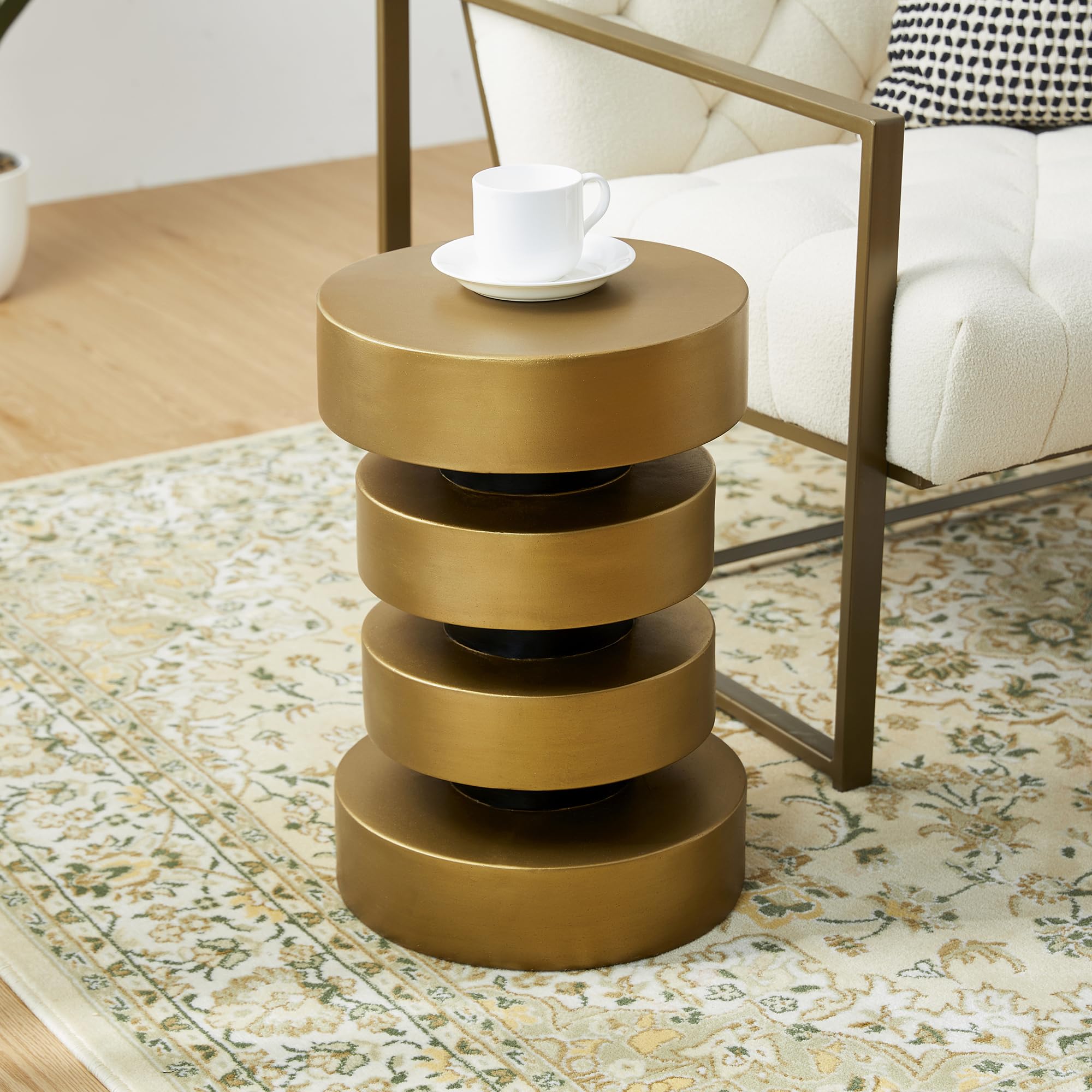 Glitzhome Modern Industrial 12β Dia Round Side Table in Antique Gold Black, Floating Disks Accent Stool End Table for Living Room, Bedroom, Entryway and Small Spaces