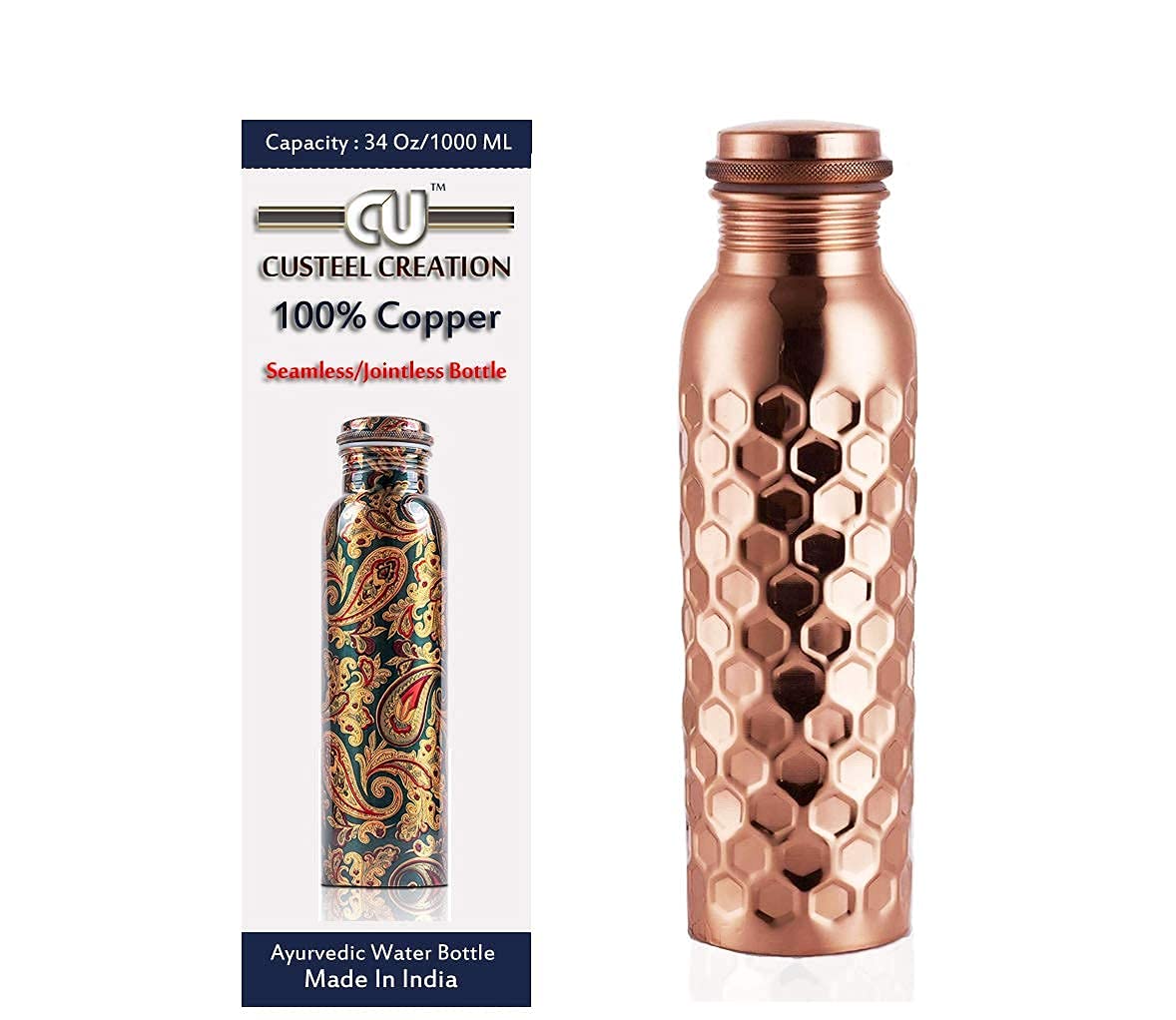 Custeel Creation Pure Copper 1L Water Bottle - (99.74%) Jointless Seamless Copper Flask (Diamond Finish)