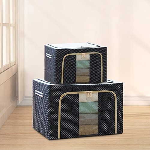 VINMEN Oxford Cloth Steel Frame Storage Box, 2 Pack 66L Foldable Storage Bag Organizers with Clear Window, Reinforced Handle for Navy Blue