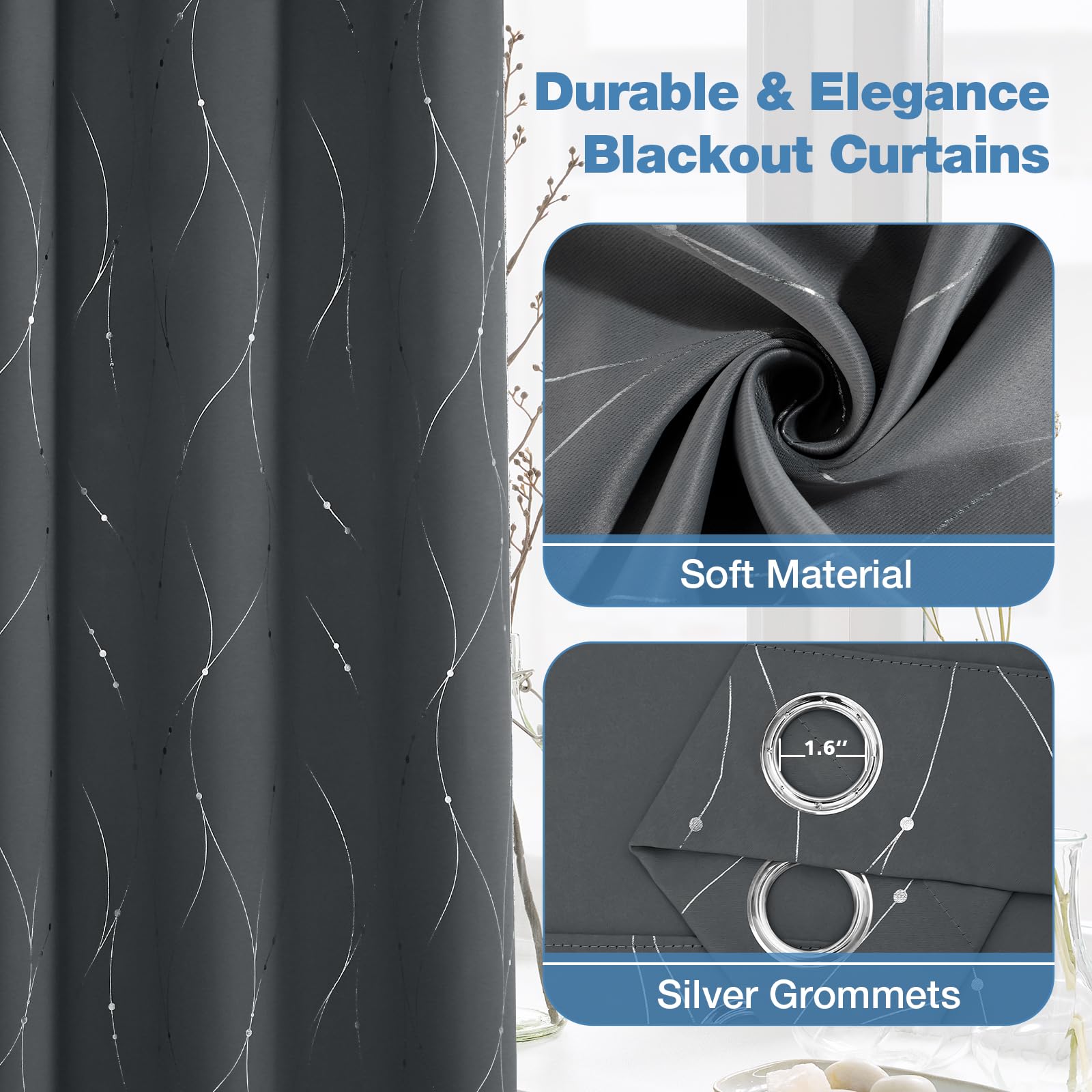 BUHUA Dark Grey Blackout Curtains, Insulated Curtains 63 Inch Length, Dining Room Curtains with Wave Printed, Energy Efficient Curtains for Bedroom 52W×63L, 2 Panels