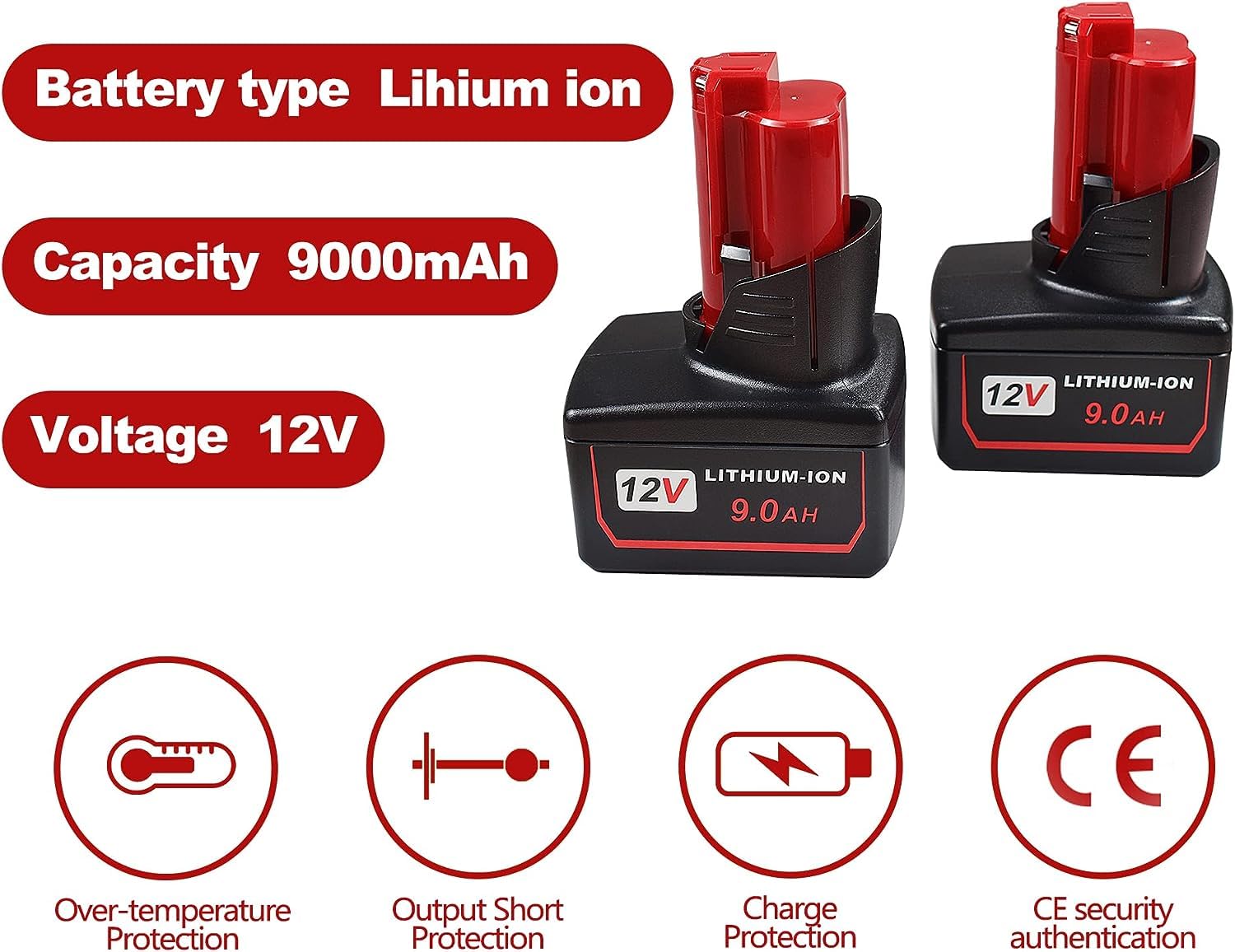 CHAUNVEN Battery 12V 9.0Ah M12 Battery Replacement for Milwaukee M12 Battery 48-11-2440 48-11-2402 48-11-2411 fit M12 12-Volt Cordless Tools 2 Pack